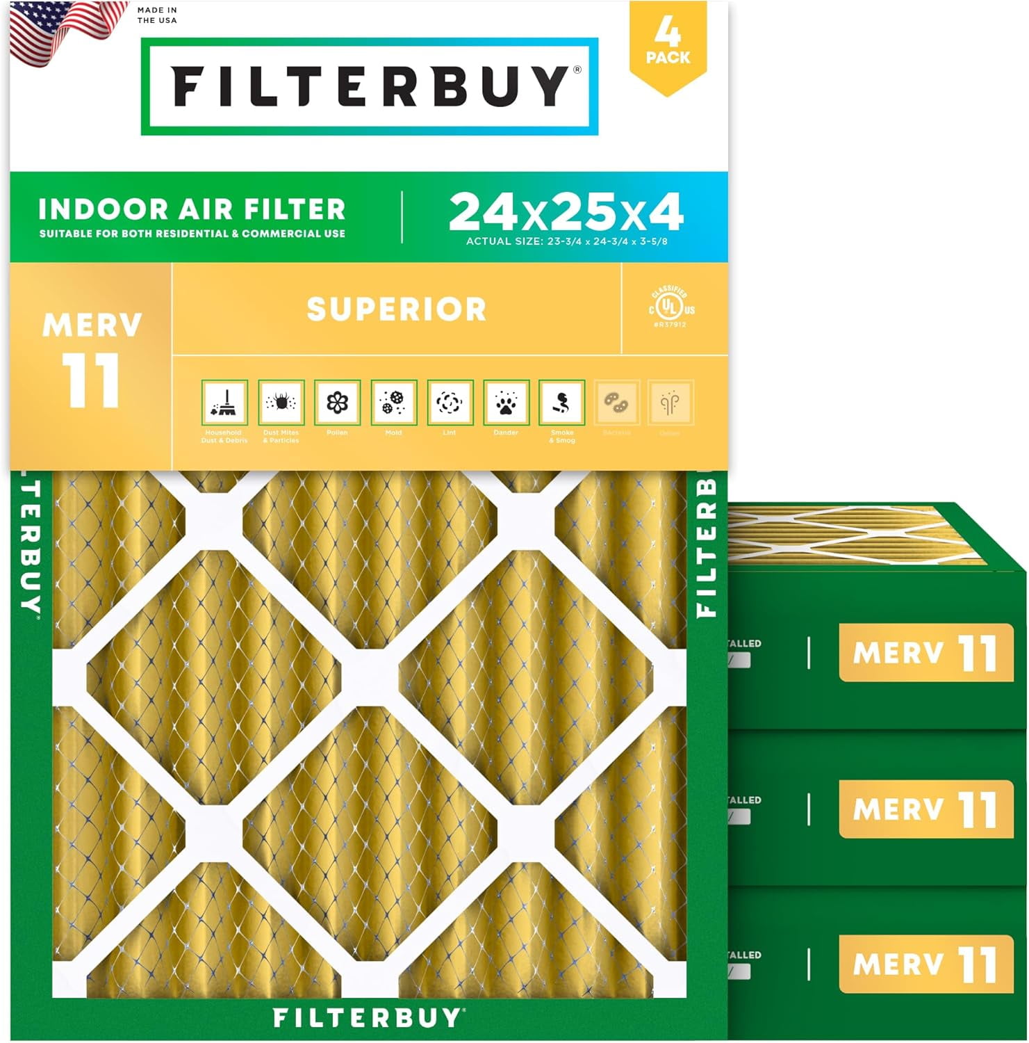 Filterbuy 24x25x4 MERV 11 Allergen Defense, Pleated HVAC AC Furnace Air ...