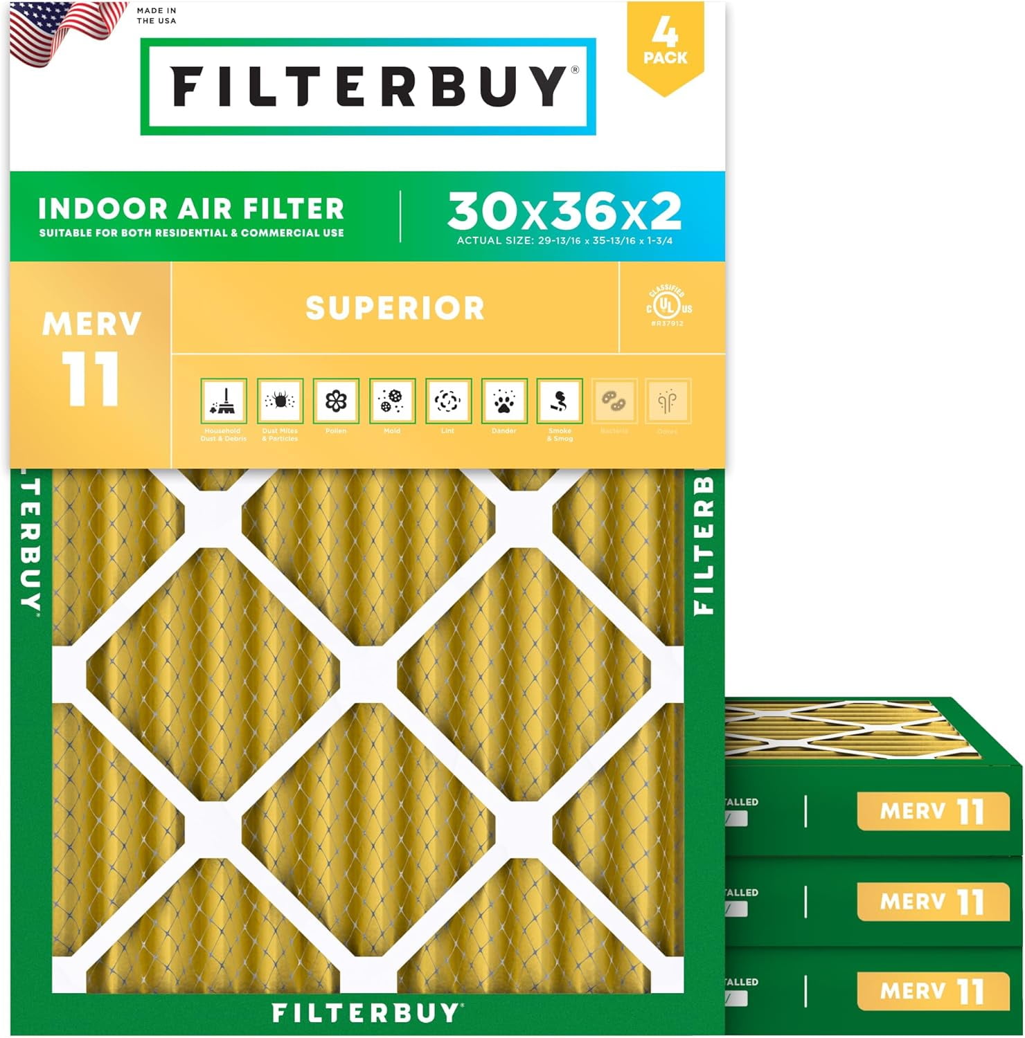 Filterbuy 30x36x2 MERV 11 Pleated Air Filters for HVAC, AC & Furnace ...