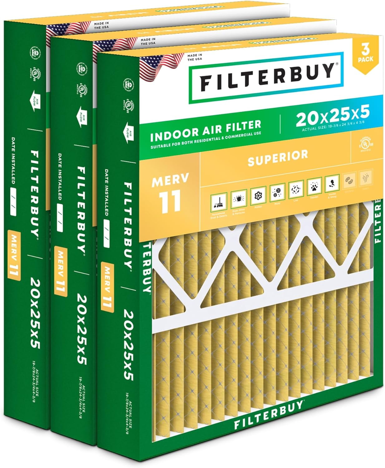 Filterbuy 20x25x5 MERV 11 Pleated HVAC AC Furnace Air Filters, Fits ...