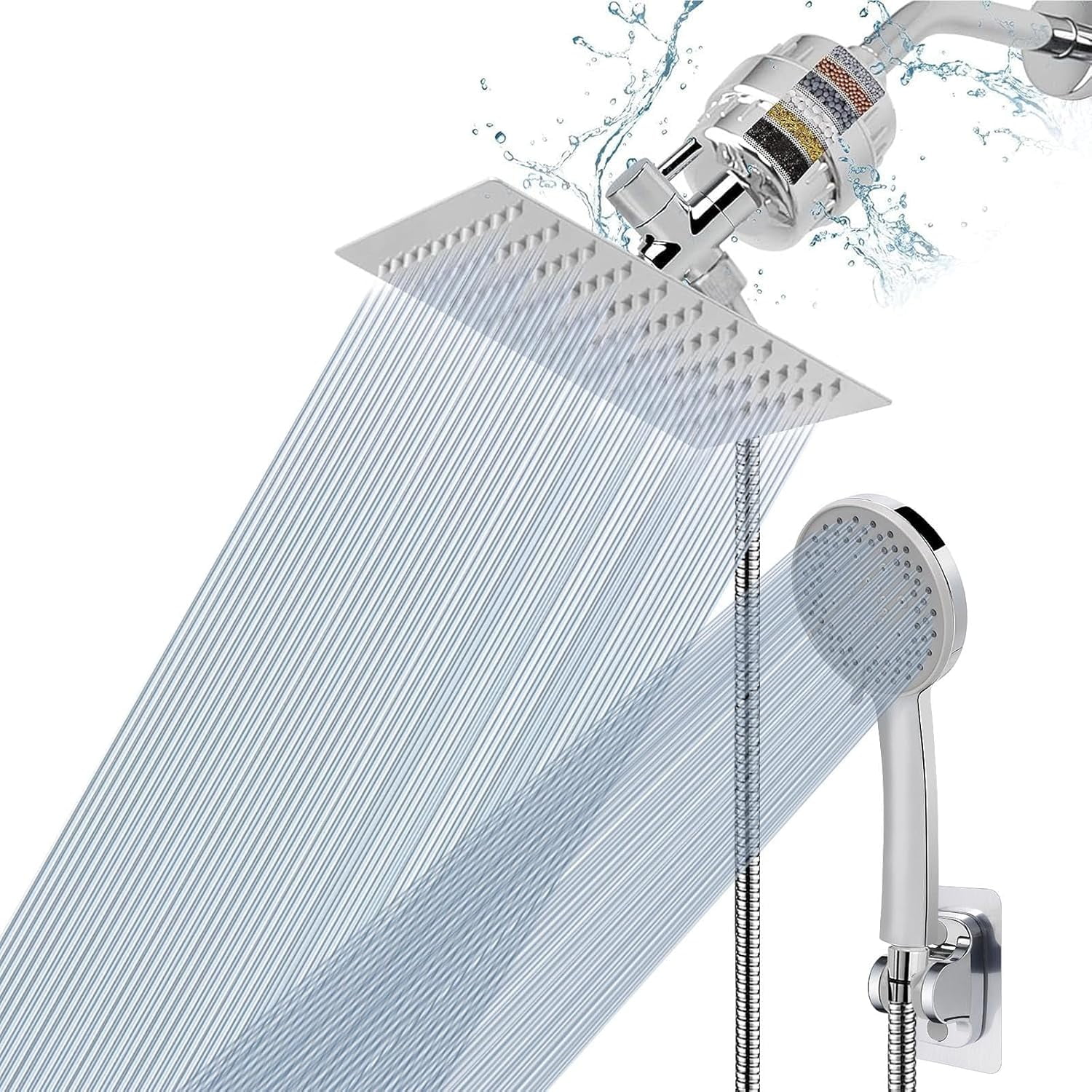 Filtered Shower Head, High Pressure 8″Square, 5 settings Handheld Rain ...
