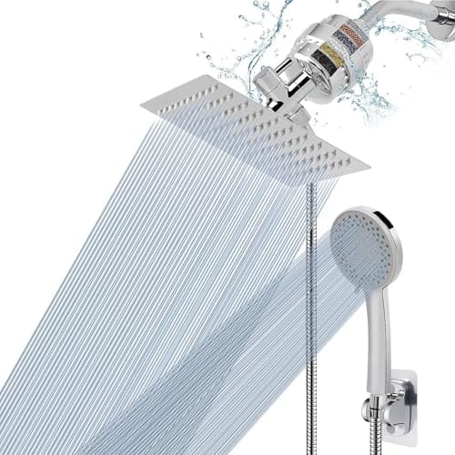 Filtered Shower Head, High Pressure 8″Square, 5 settings Handheld Rain ...