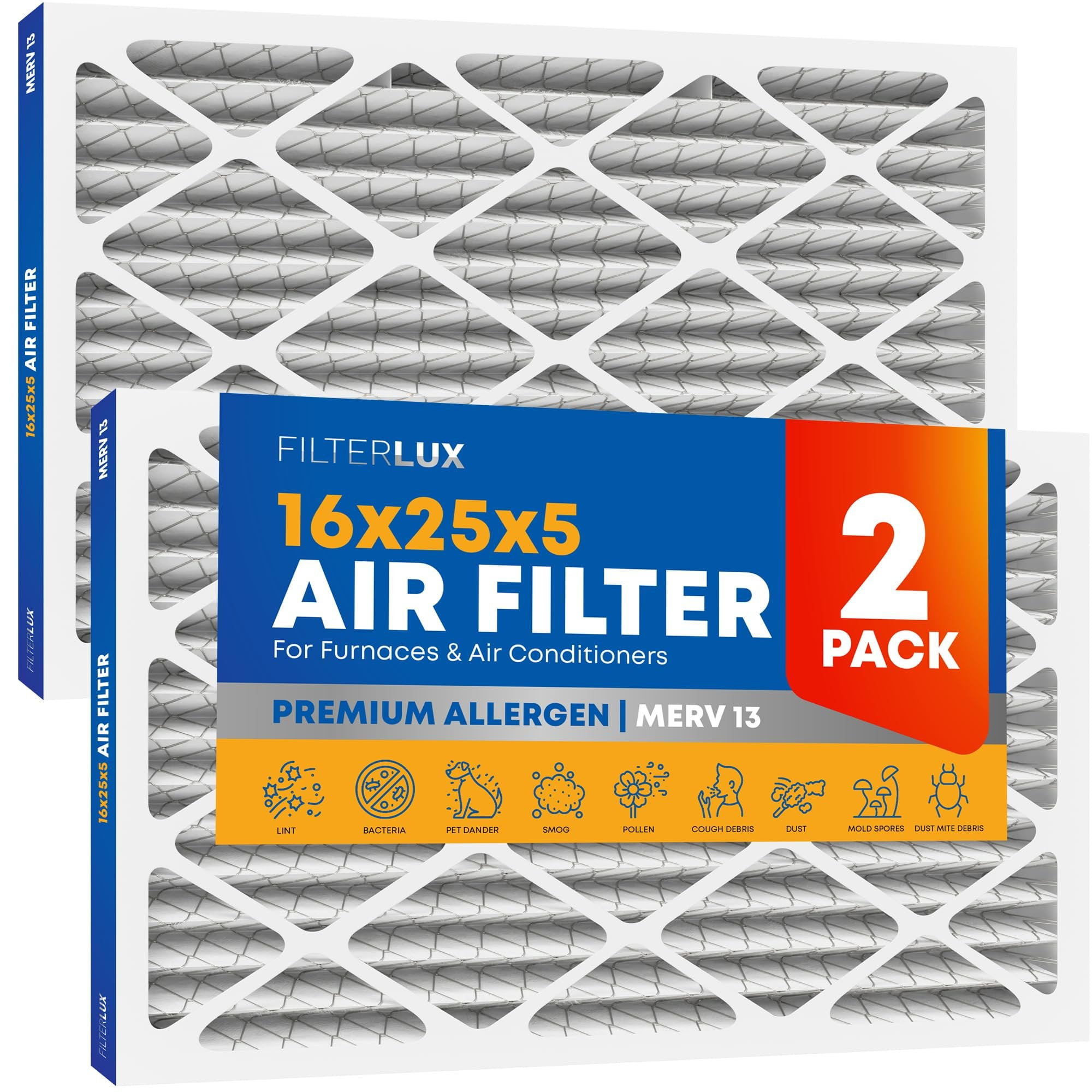 Filterlux 16x25x5 Air Filter MERV 13 Premium Defense 2-Pack, Pleated ...