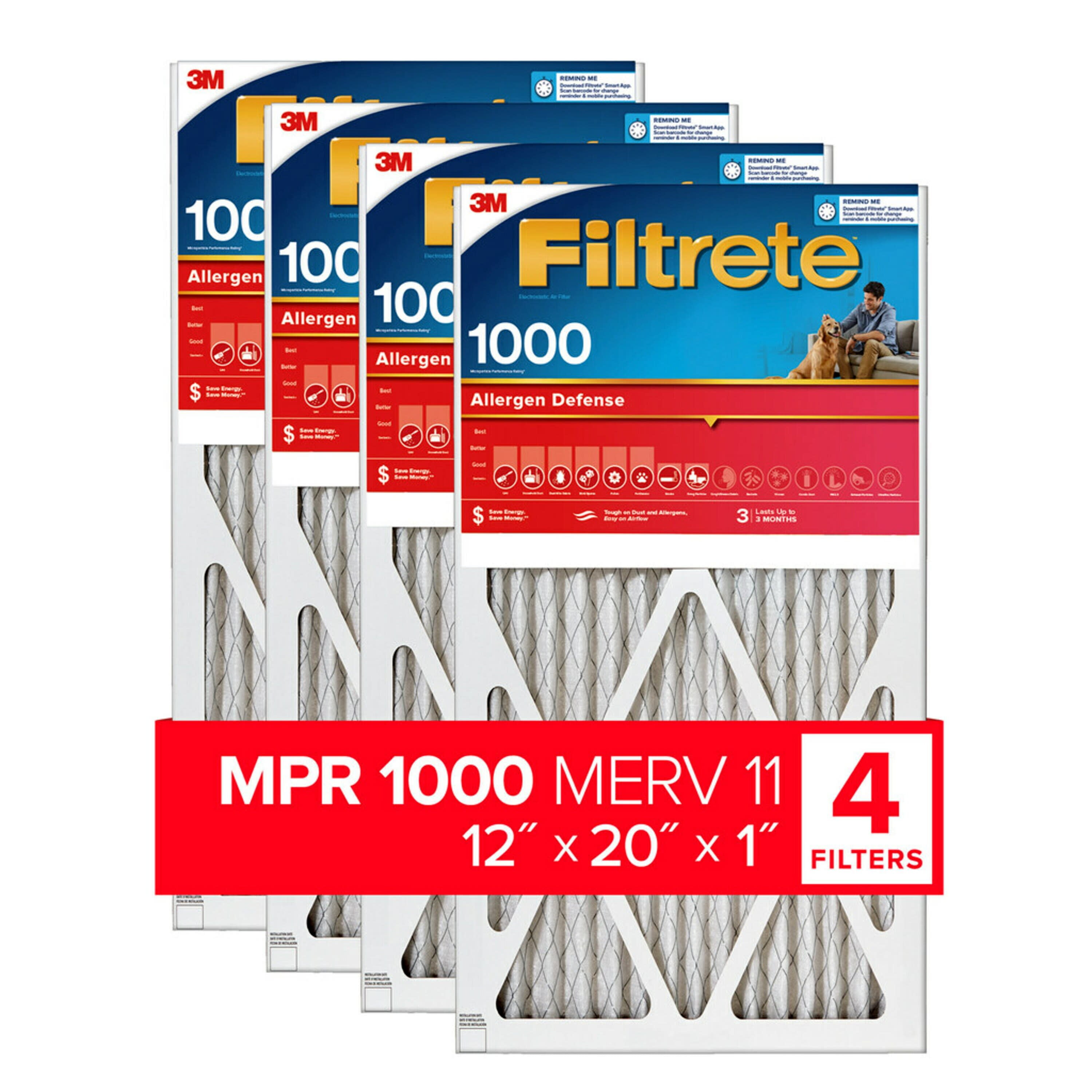 Filtrete 12x20x1 Air Filter, MPR 1000 MERV 11, Allergen Defense, 4 ...