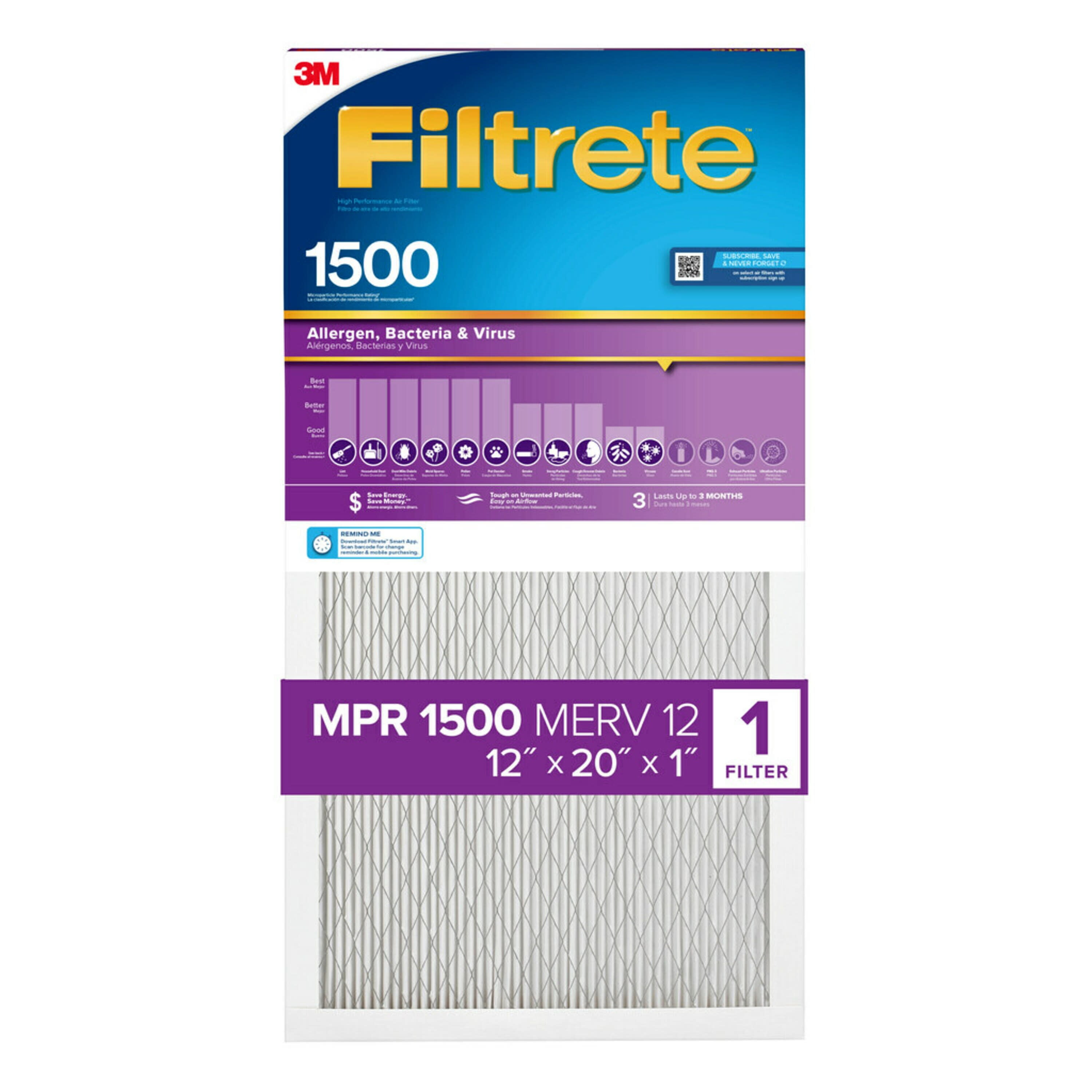 Filtrete 12x20x1 Air Filter, MPR 1500 MERV 12, Allergen, Bacteria and ...