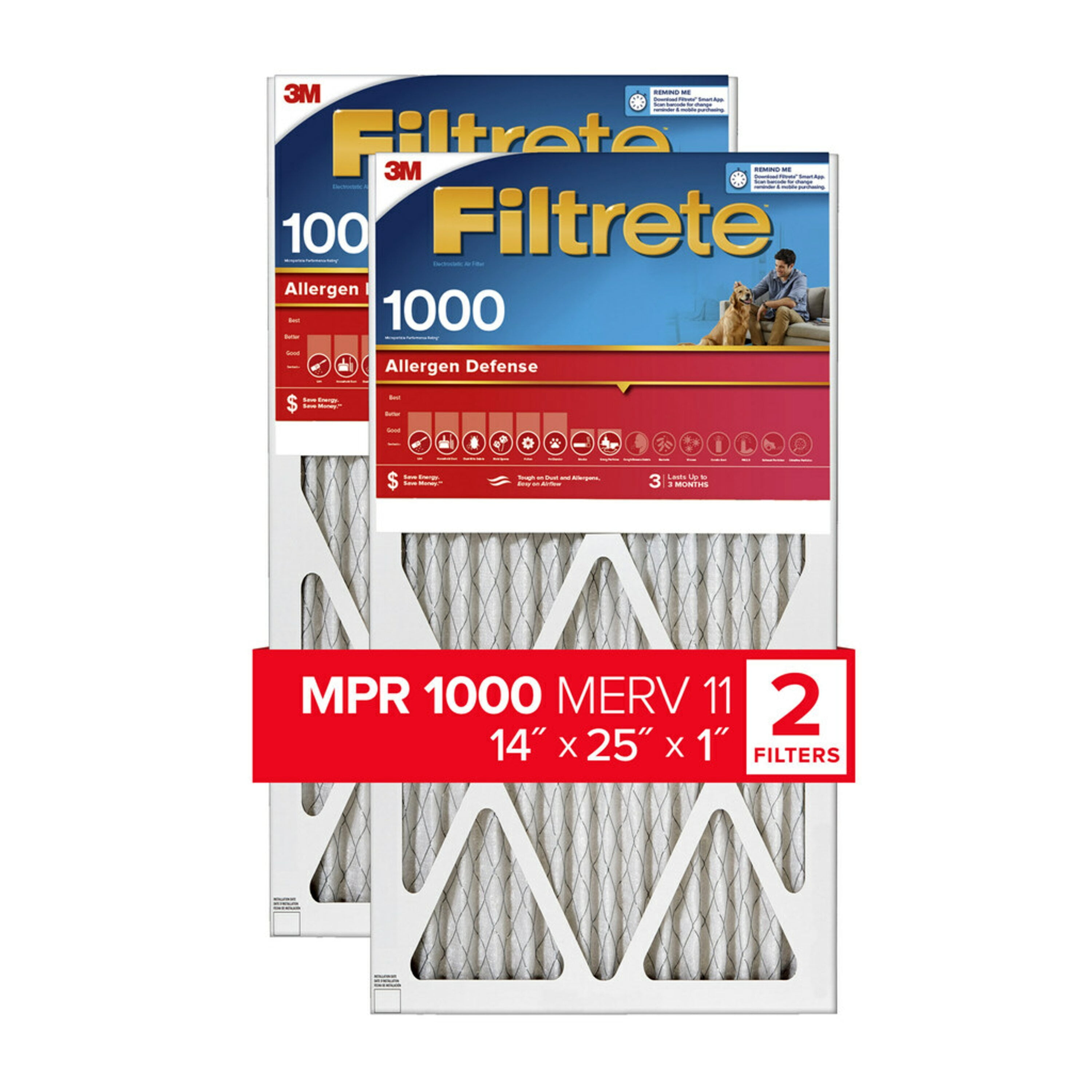 Filtrete 14x25x1 Air Filter, MPR 1000 MERV 11, Allergen Defense, 2 ...