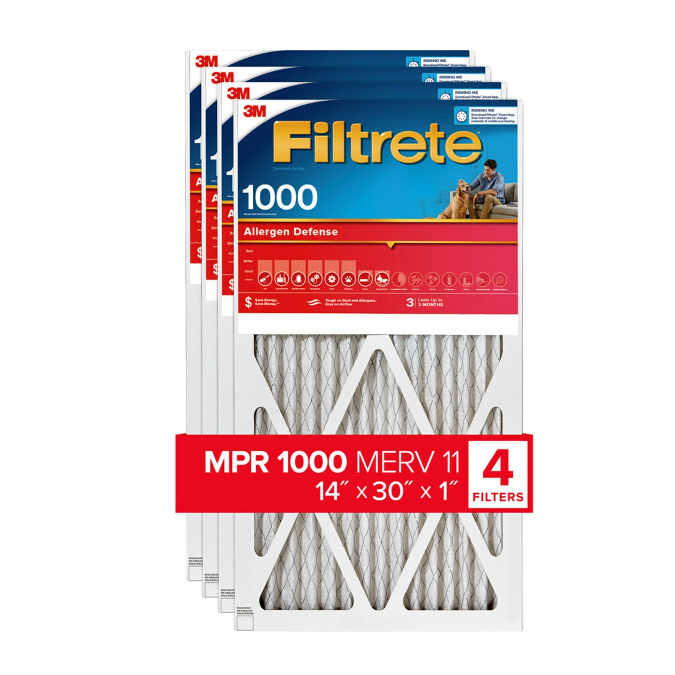 Filtrete 14x30x1 Air Filter, MPR 1000 MERV 11, Allergen Defense, 4 ...