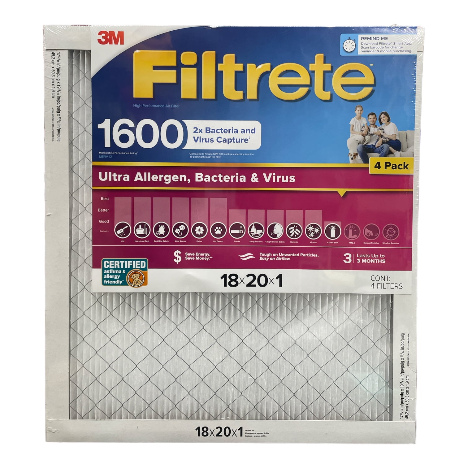 Filtrete 1600 MPR Ultra Allergen 2X Bacteria and Virus Filter, 18x20x1 ...