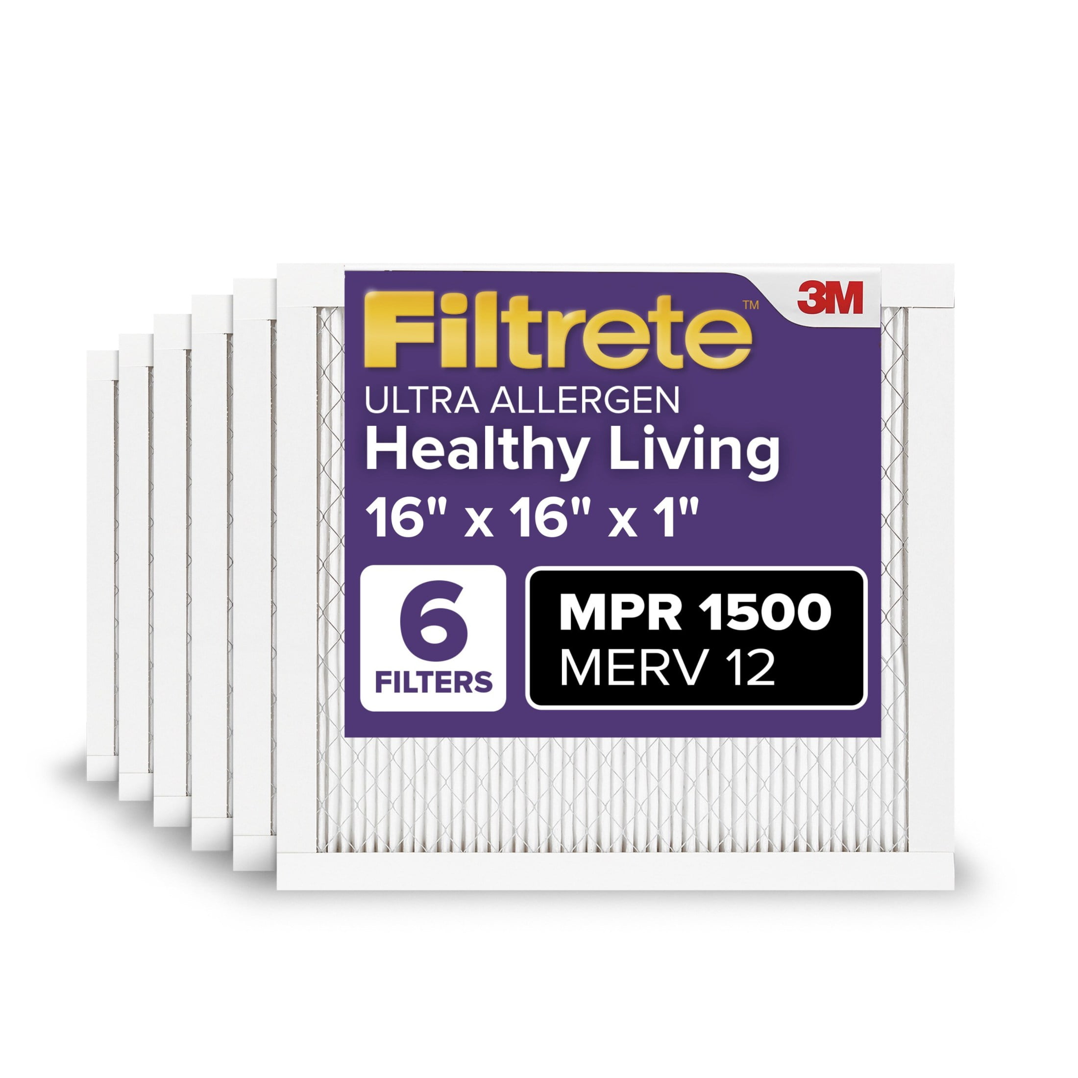 Filtrete 16x16x1 HVAC Furnace Air Filter, MPR 1500 MERV 12, Advanced Allergen Reduction, 6 Pack ...