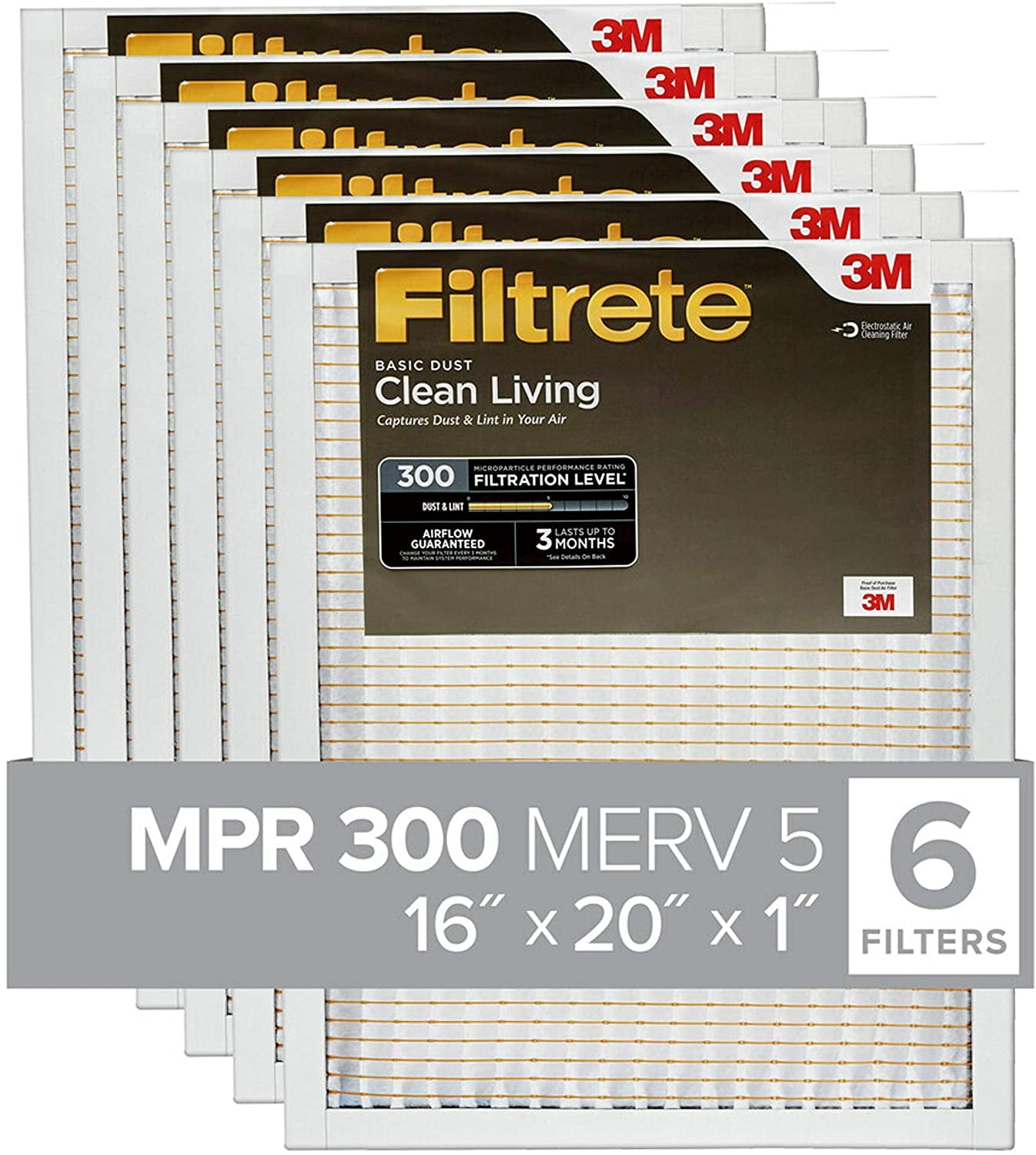 Filtrete 16x20x1 Air Filter, MPR 300, MERV 5, Clean Living Basic Dust 3 ...