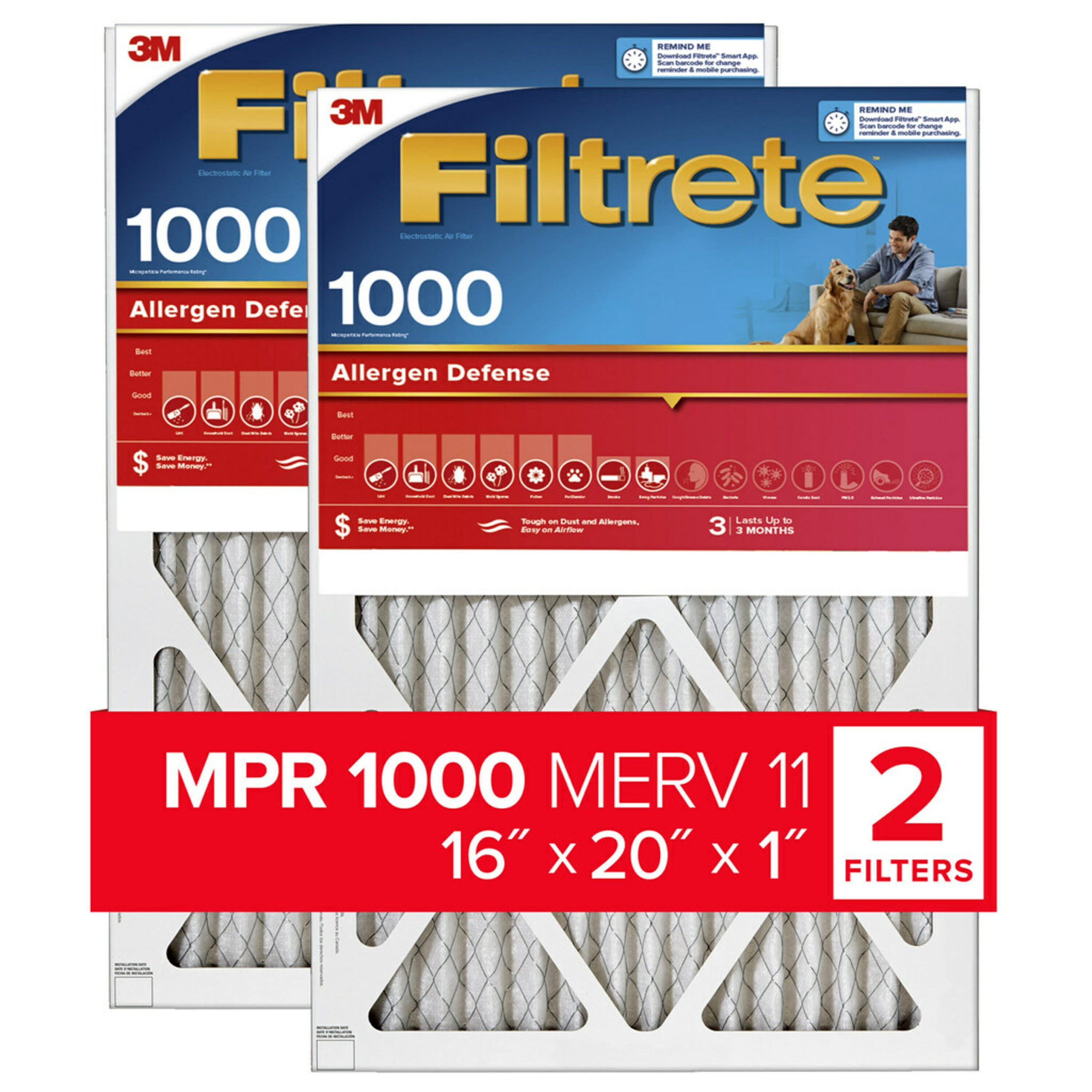 Filtrete 16x20x1 Air Filter, MPR 1000 MERV 11, Allergen Defense, 2 ...