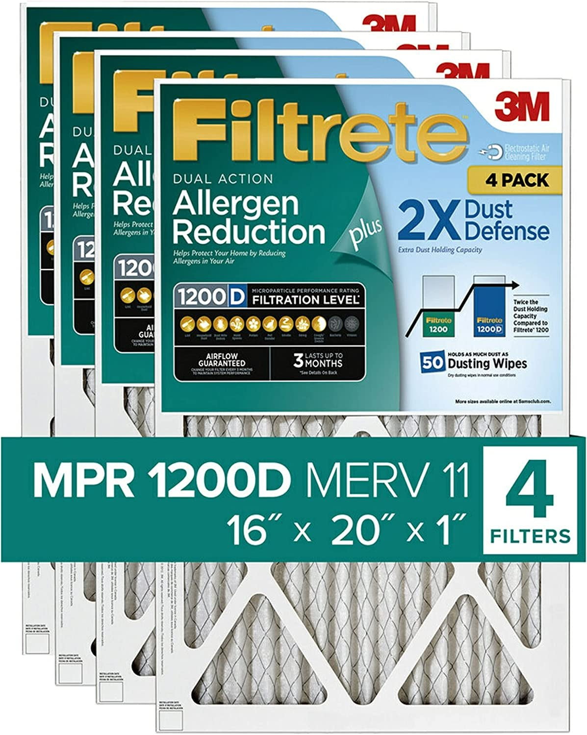 Filtrete 16x20x1 Air Filter MPR 1200D MERV 11, Allergen Reduction Plus Dust, 4-Pack Filters ...