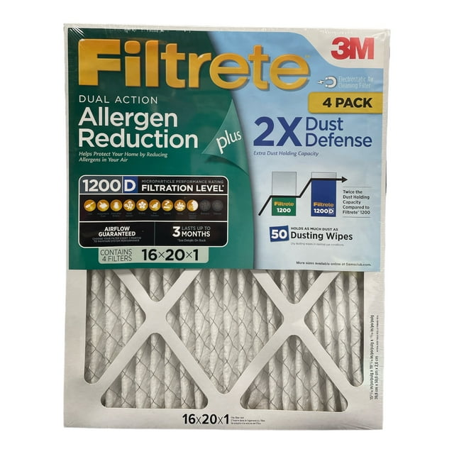 Filtrete 16x20x1 Air Filter MPR 1200D MERV 11, Allergen Reduction Plus Dust, 4-Pack Filters ...