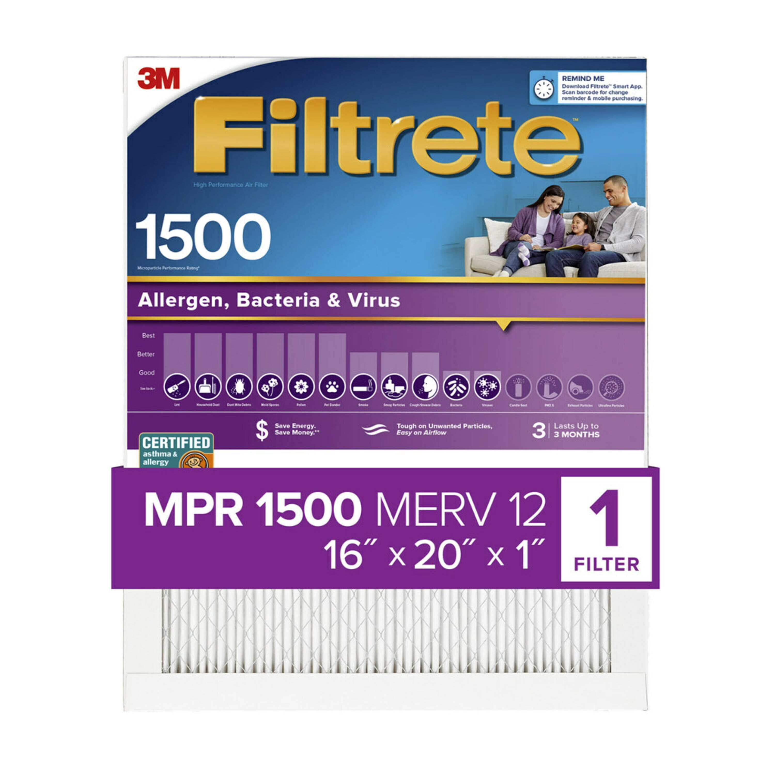 Filtrete 16x20x1 Air Filter, MPR 1500 MERV 12, Allergen, Bacteria and ...
