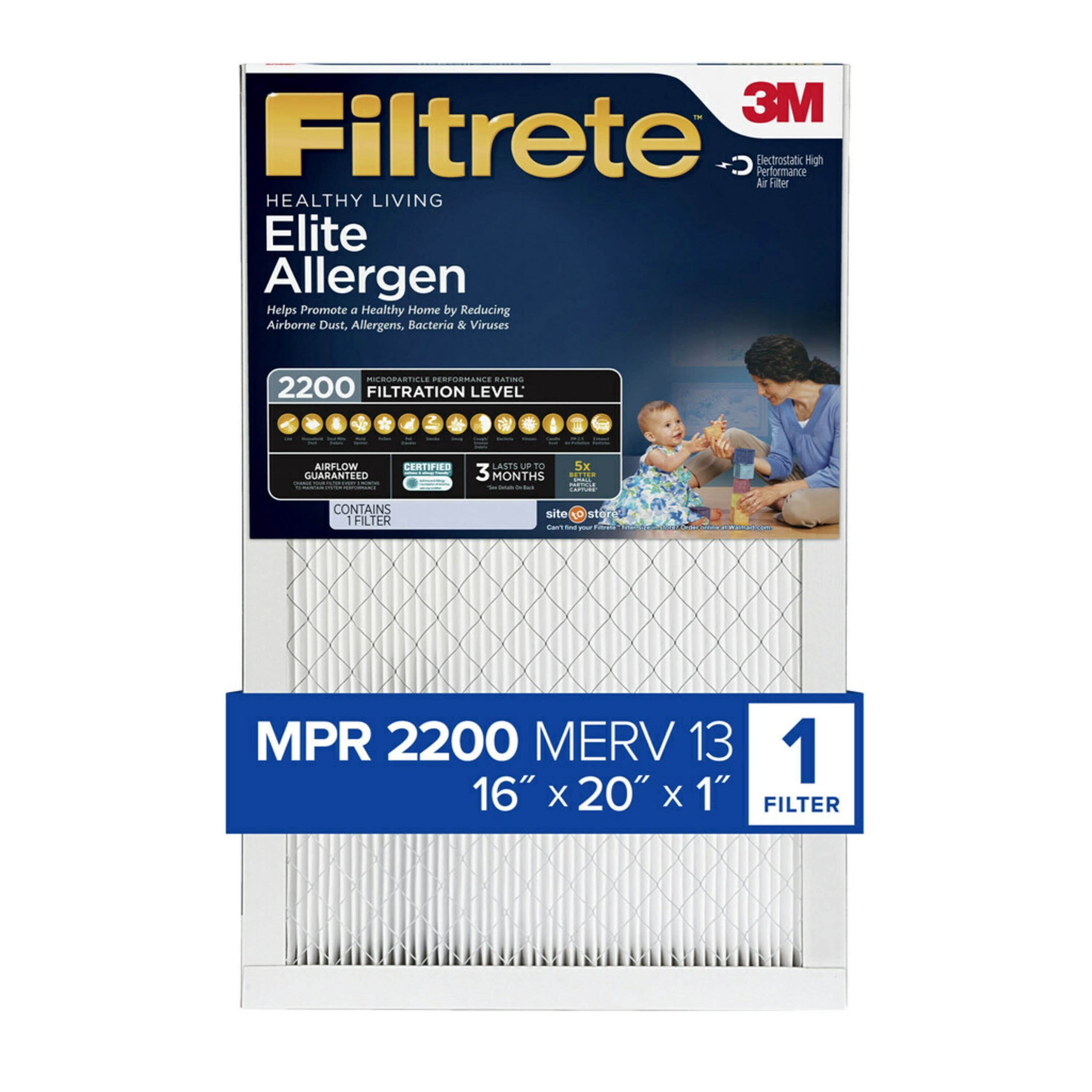 Filtrete 16x20x1 Air Filter, MPR 2200 MERV 13, Elite Allergen Reduction ...
