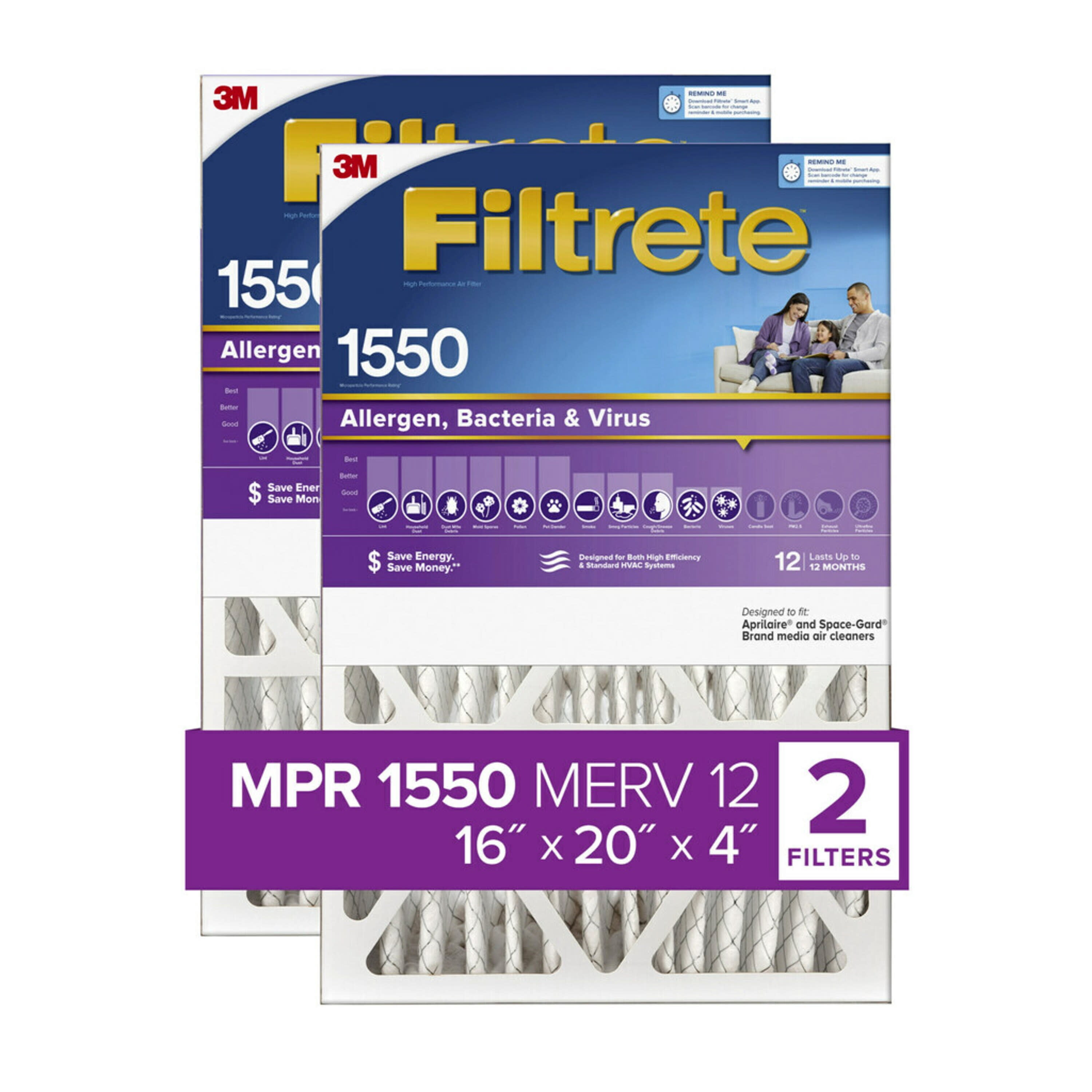 Filtrete 16x20x4 Air Filter, MPR 1550 MERV 12, Ultra Allergen Reduction ...