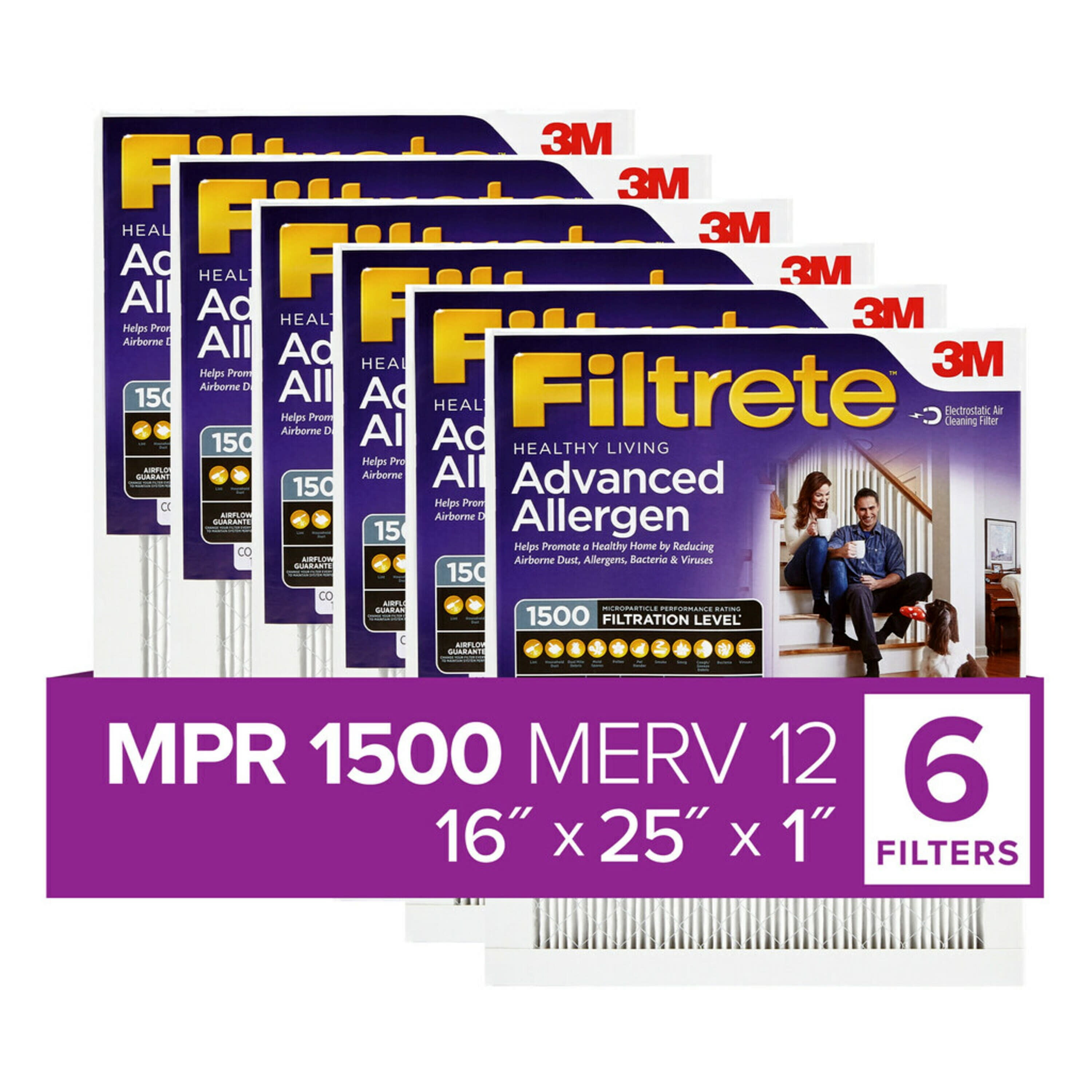 Filtrete 16x25x1 Air Filter, MPR 1500 MERV 12, Advanced Allergen Reduction, 6 Filters - Walmart.com