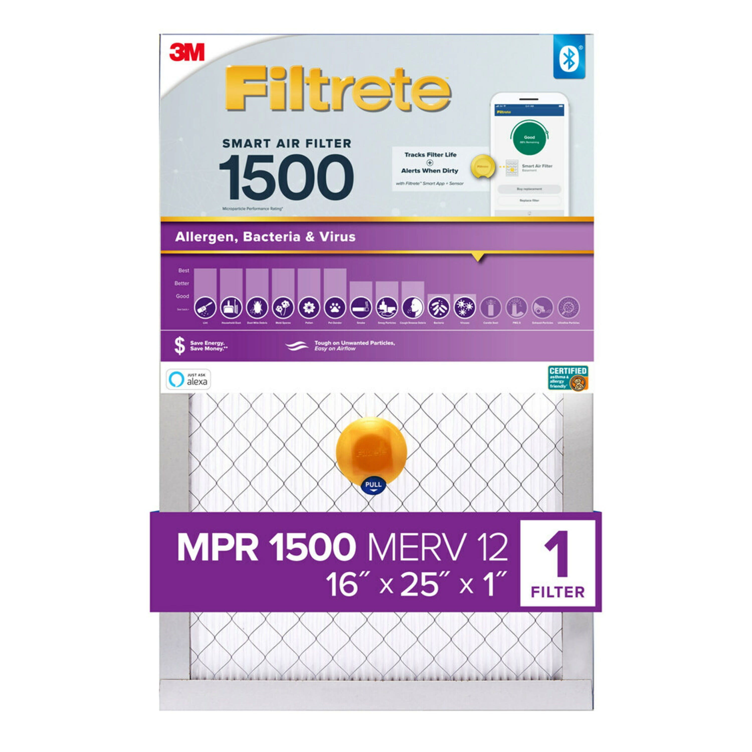 Filtrete 16x25x1 Smart Air Filter, MPR 1500 MERV 12, Allergen, Bacteria ...
