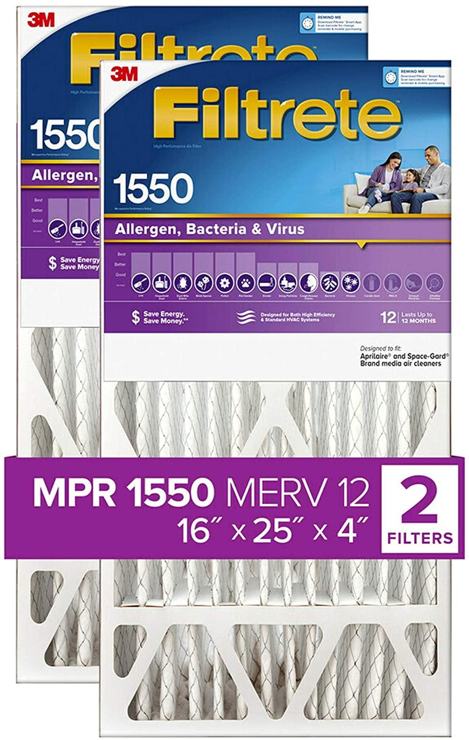 Filtrete 16x25x4, Healthy Living Ultra Allergen AC Furnace Air Filter ...