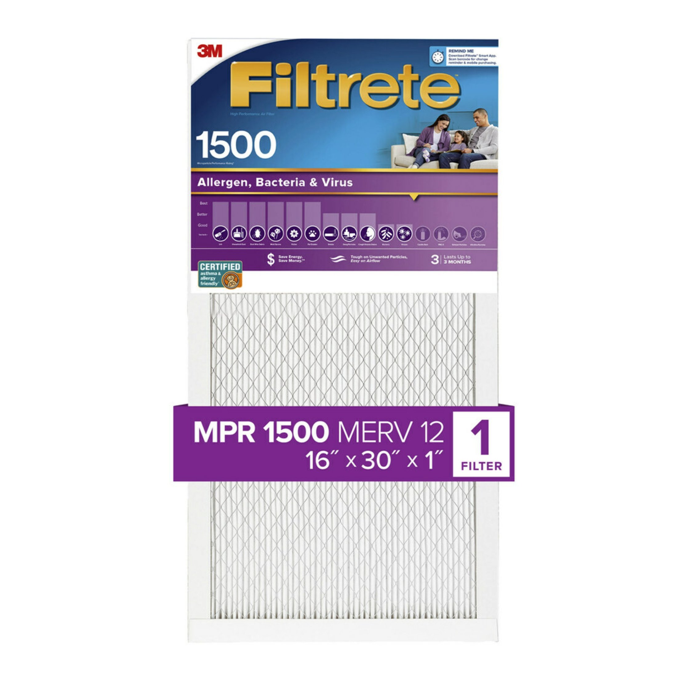 Filtrete 16x30x1 Air Filter, MPR 1500 MERV 12, Advanced Allergen ...