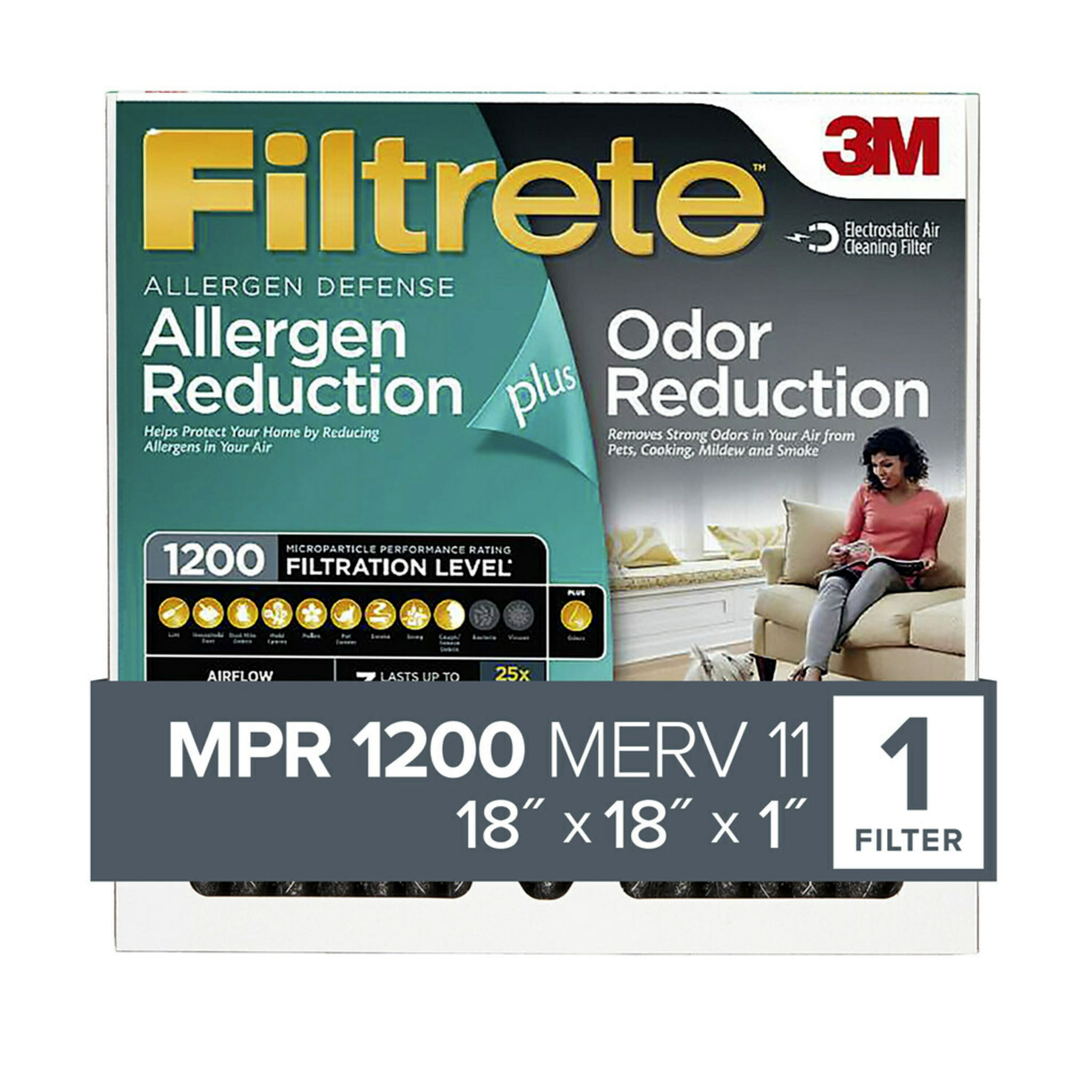 Filtrete 18x18x1 Air Filter, MPR 1200 MERV 11, Allergen Plus Odor ...