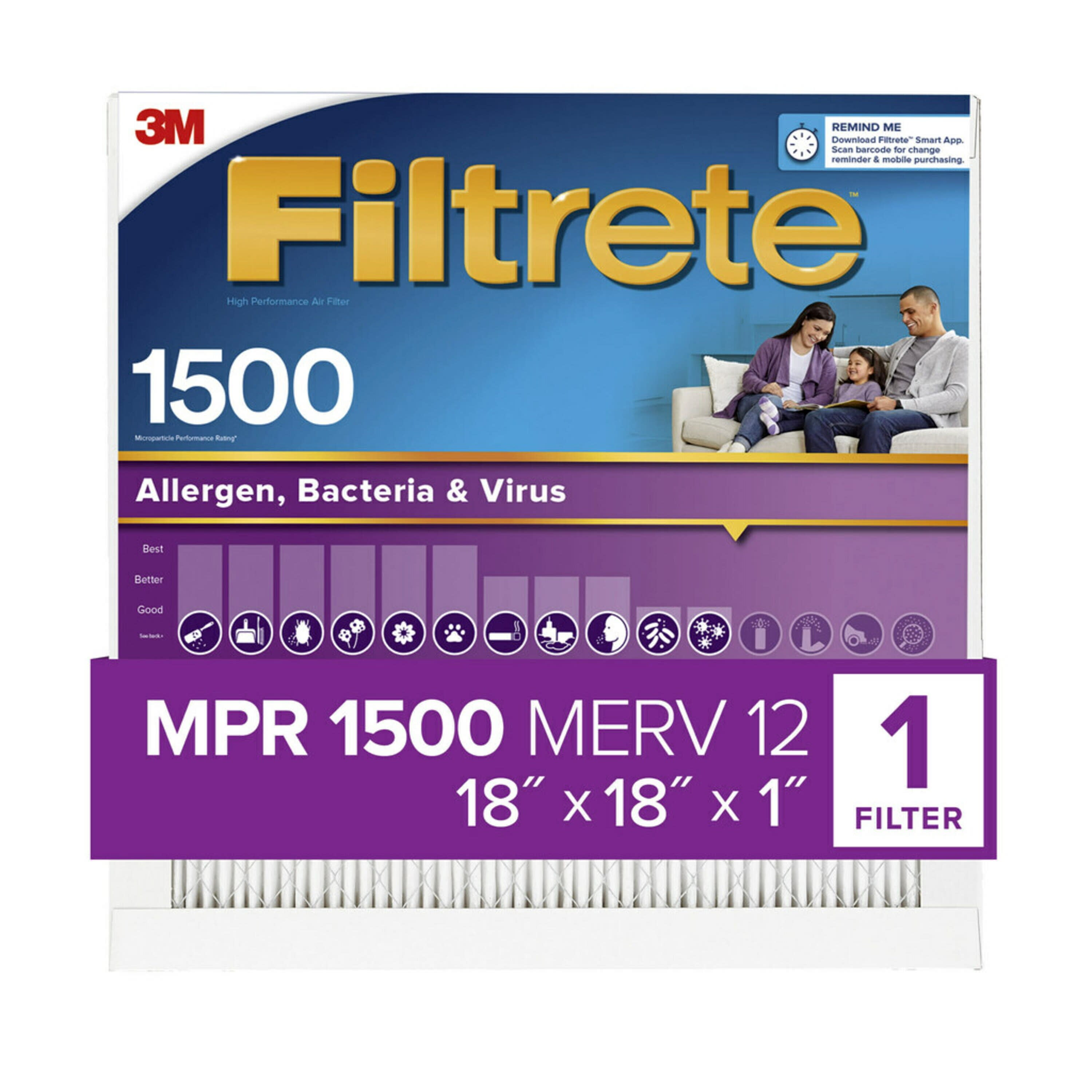 Filtrete 18x18x1 Air Filter, MPR 1500 MERV 12, Allergen, Bacteria and ...