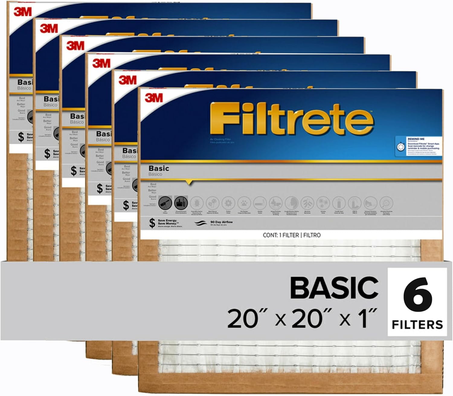 Filtrete 20x20x1 Air Filter, 3M MERV 5 HVAC AC Furnace Filter Replacement, 6-Pack (Actual Size ...