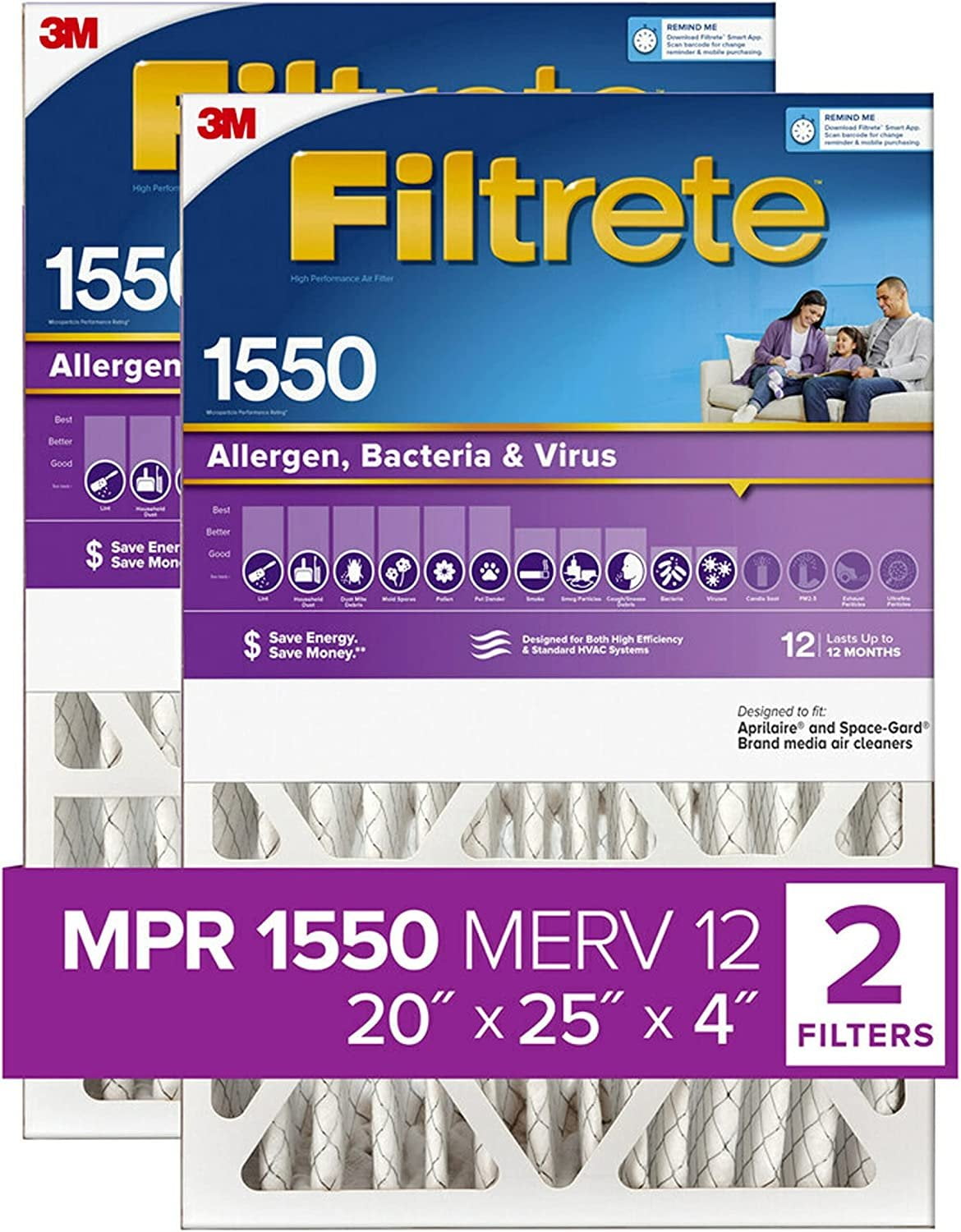 Filtrete 20x25x4 AC Furnace Air Filter, MPR 1550, 2-Pack, Fits Lennox ...