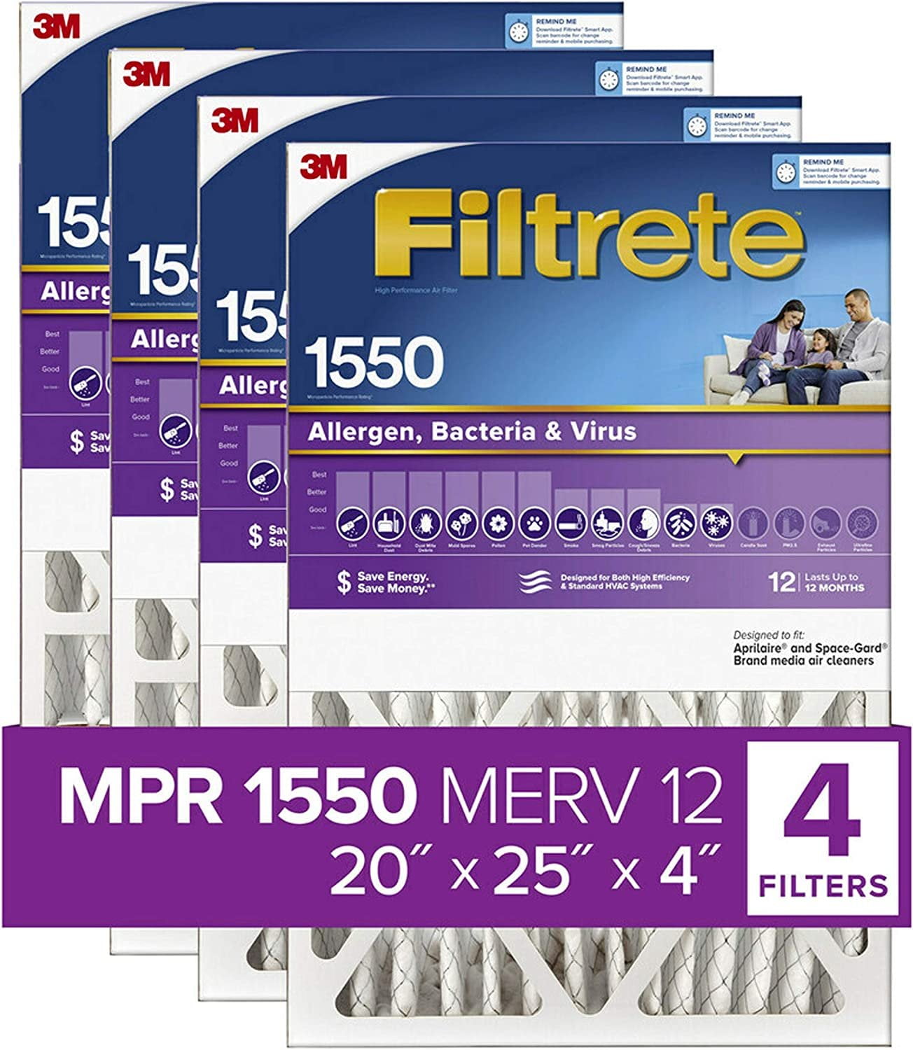 Filtrete 20x25x4SlimFit, AC Furnace Air Filter, MPR 1550 DP, Healthy Living Ultra Allergen Deep ...