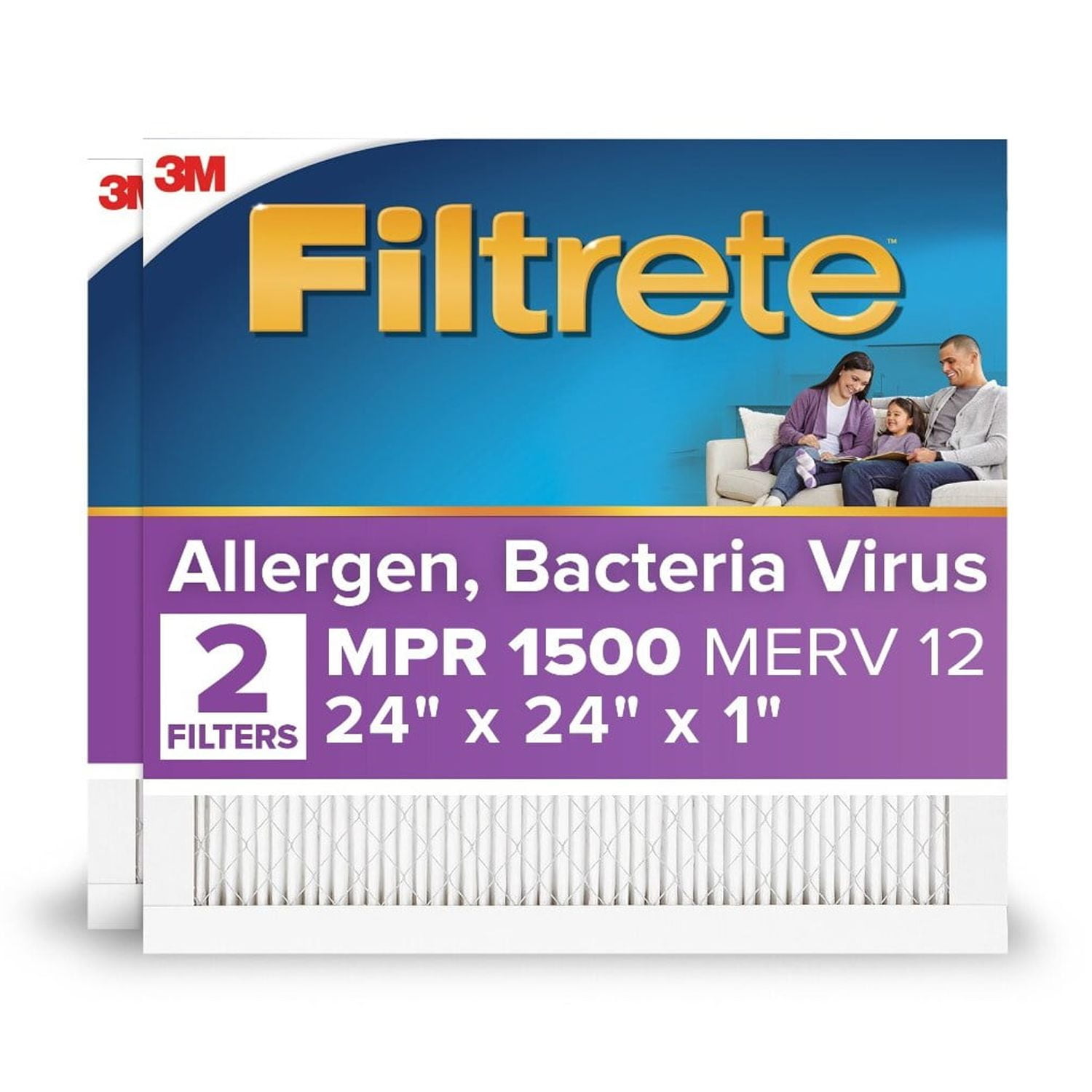 Filtrete 24x24x1 HVAC Furnace Air Filter, MPR 1500 MERV 12, Advanced Allergen Reduction, 2 Pack ...