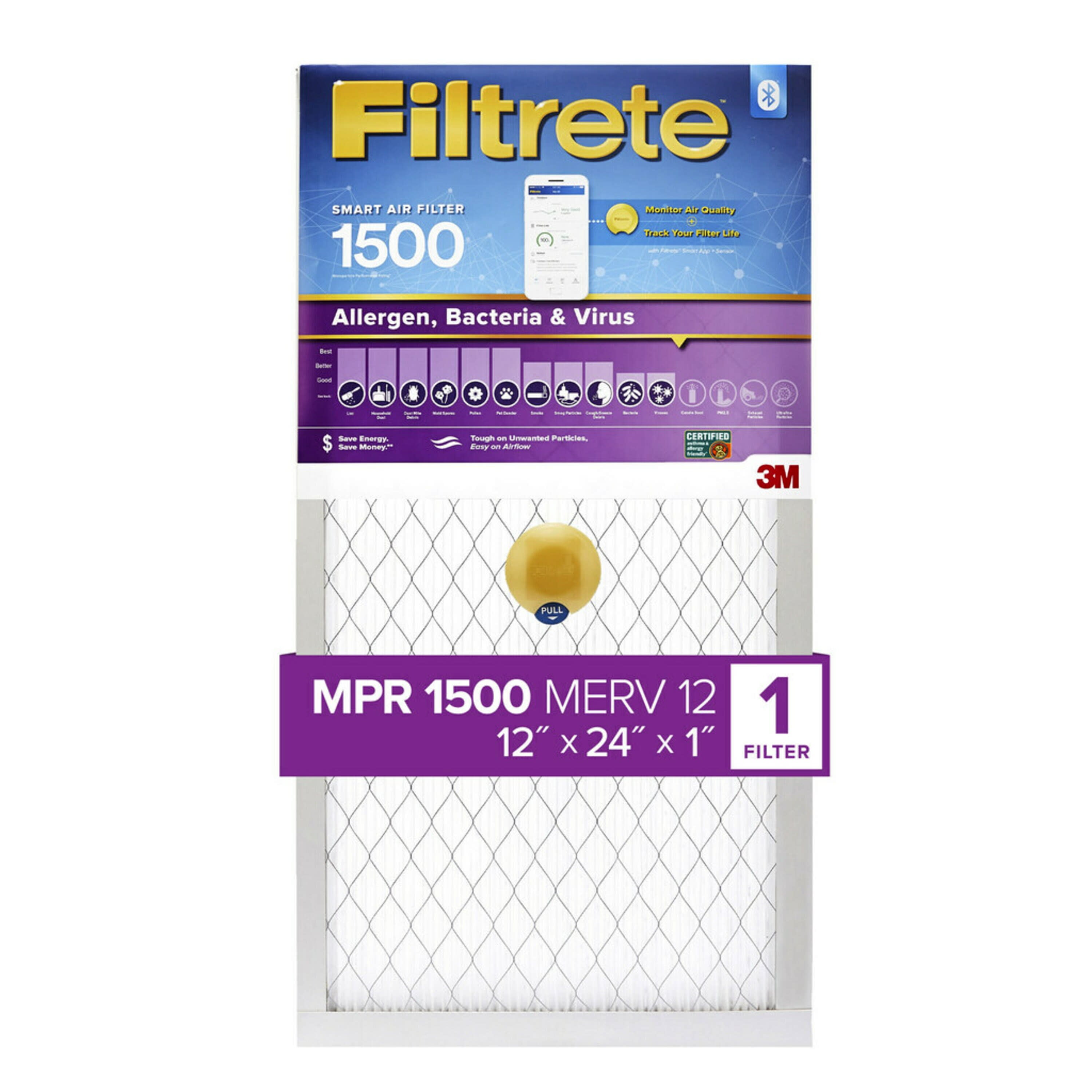 Filtrete by 3M, Smart 12x24x1, MERV 12, Allergen, Bacteria & Virus HVAC ...