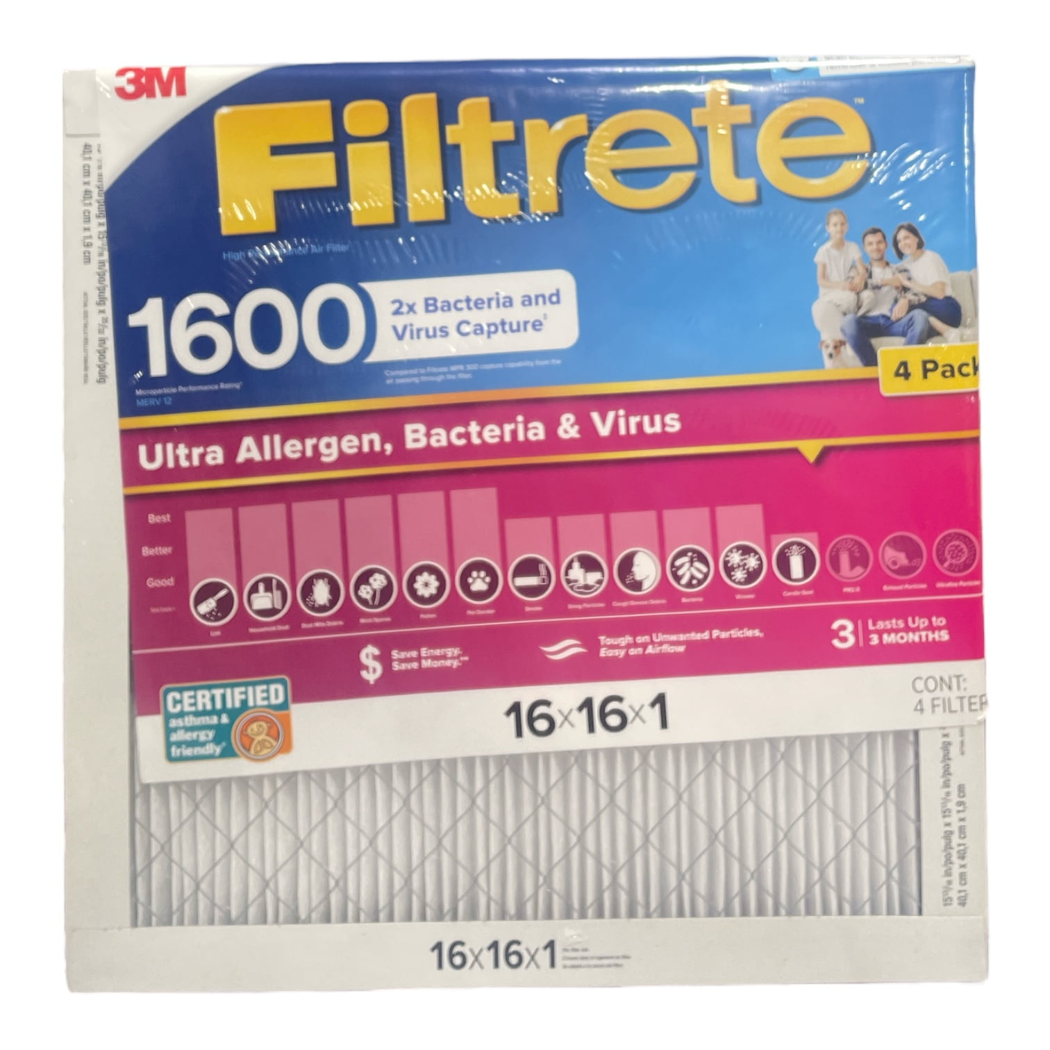 Filtrete Ultra Allergen 2X Bacteria and Virus Filter, 16x16x1, 1600 MPR ...