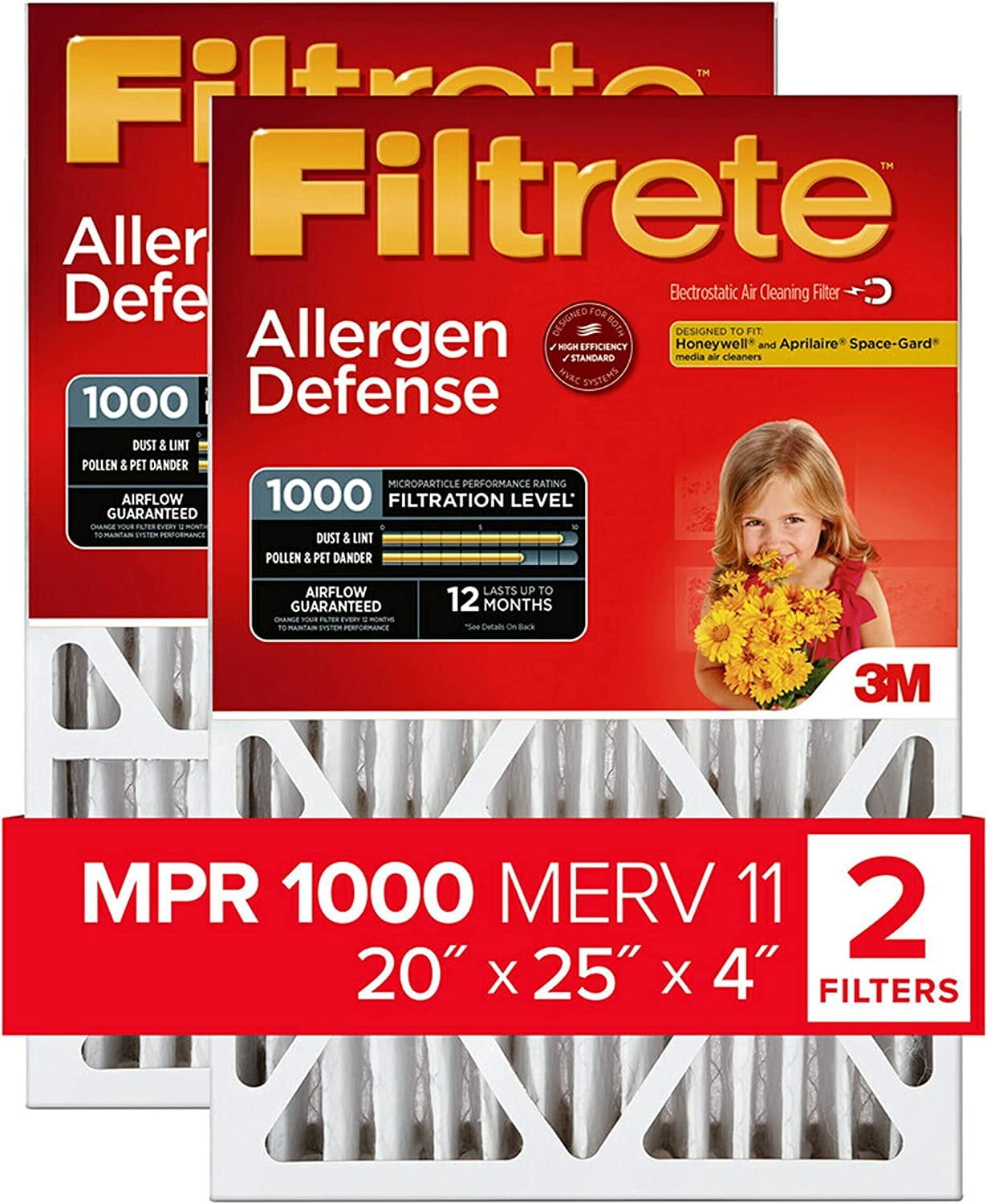Filtrete 2-Pack MPR 1000 DP, 20x25x4 AC & Furnace Filter, Allergen Defense, Fits Lennox ...