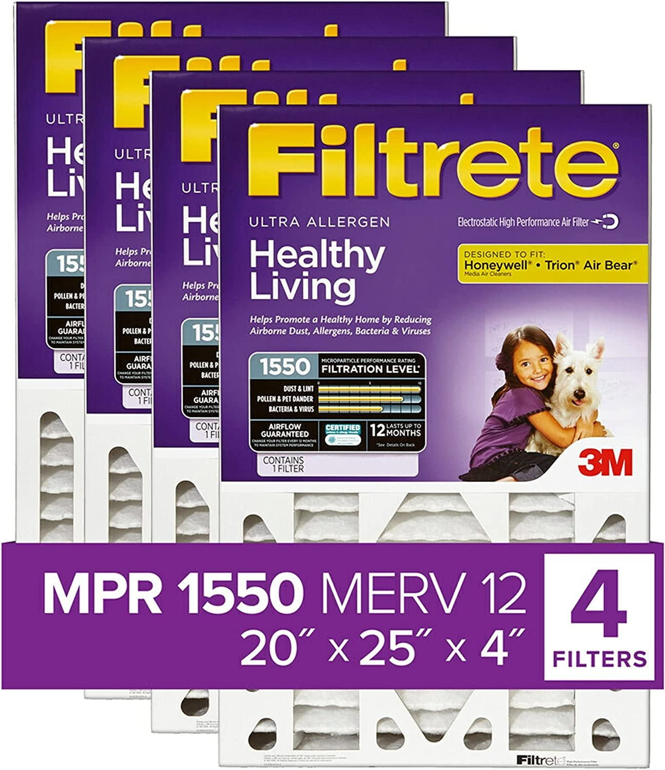 Filtrete 20x25x4 AC Furnace Air Filter, Allergen, Bacteria & Virus, 4 ...