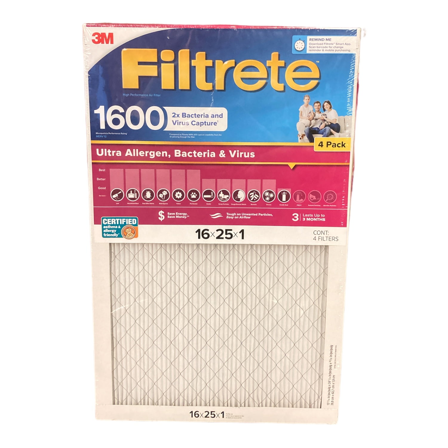 Filtrete 2X Ultra Allergen, Bacteria & Virus Filter, 1600 MPR, 25x16x1 ...