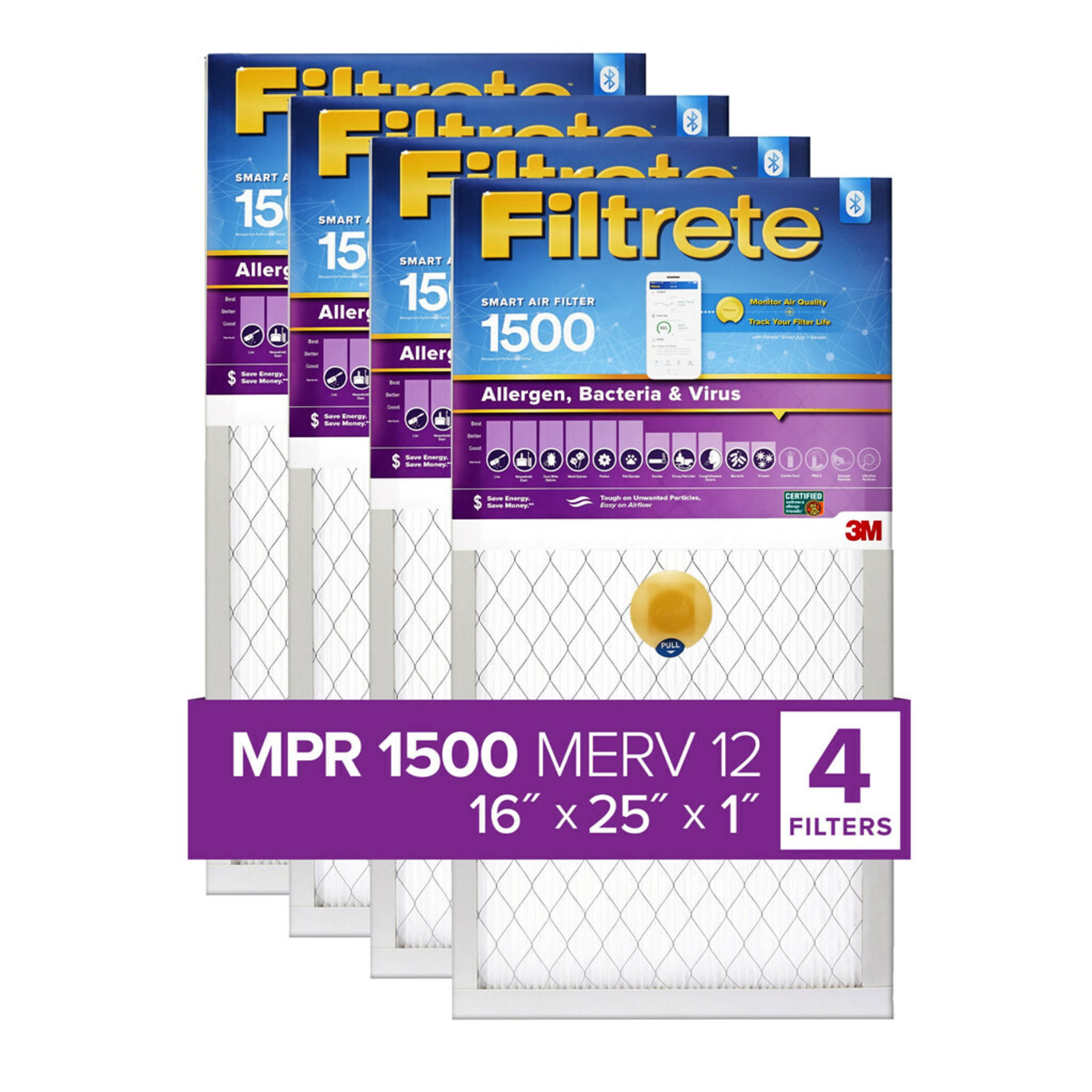 Filtrete by 3M Smart 16x25x1, MERV 12, Allergen, Bacteria & Virus HVAC Air and Furnace Filter ...