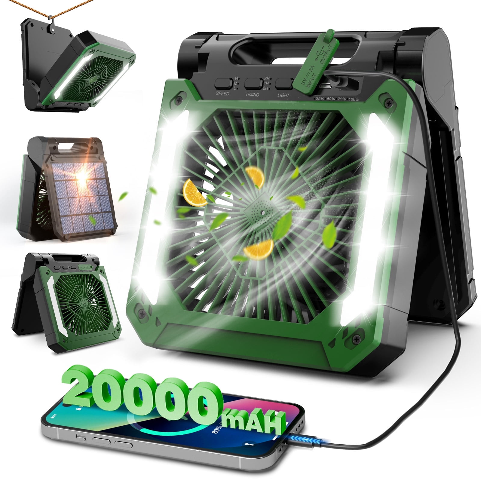 Veubew Portable Camping Fan with 20000mAh Rechargeable Battery Solar ...