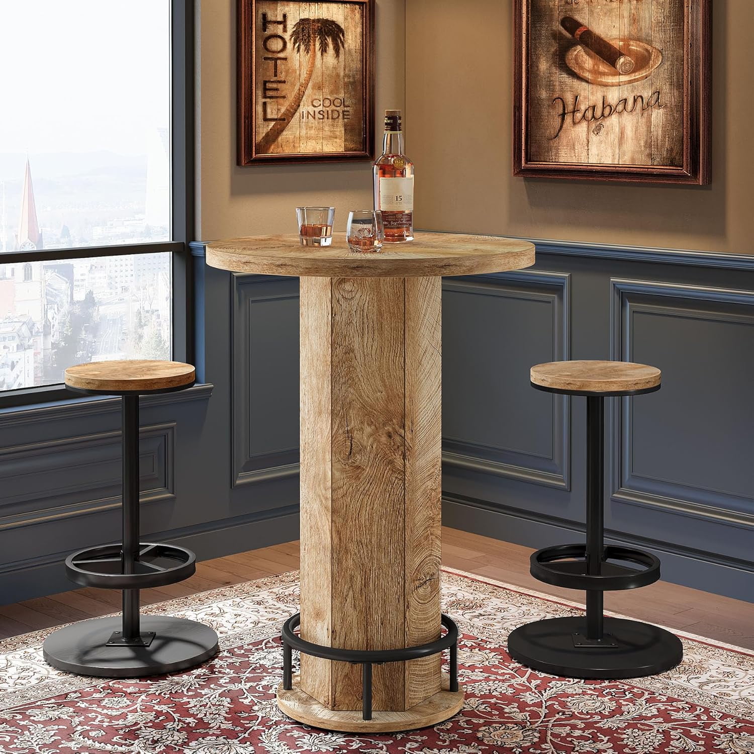 Fimind Round Bar Table & 2 Stools, Industrial Pub Set for Small Spaces ...