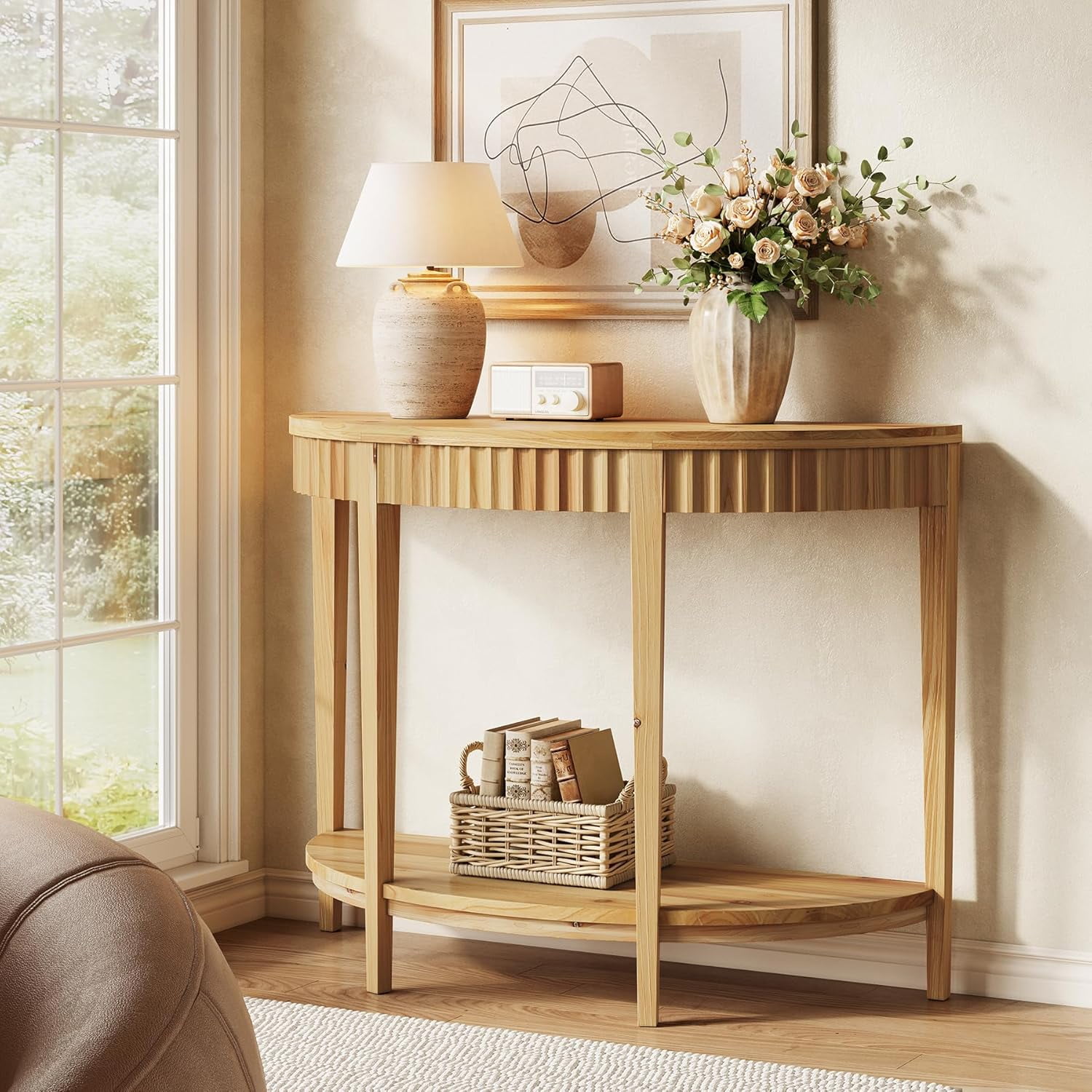 Fimind Solid Wood Half Moon Console Table, Farmhouse Entryway Table ...