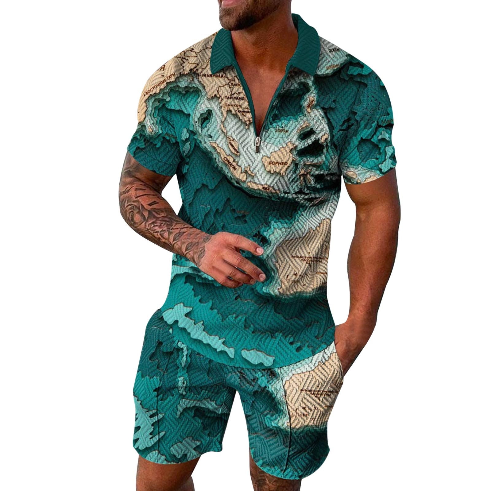Fimkaul Mens Summer 2 Piece Outfits Short Sets 3D Suit Shorts Beach ...
