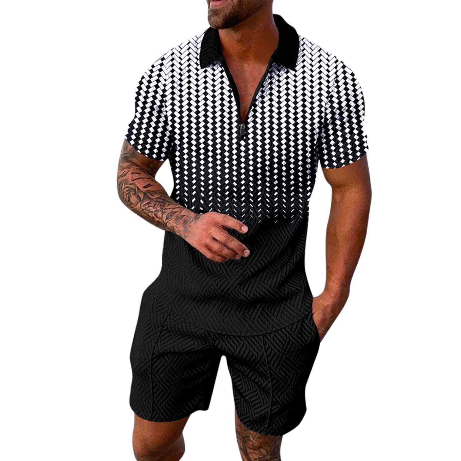 Fimkaul Mens Summer 2 Piece Outfits Short Sets Male Casual Print Zipper ...