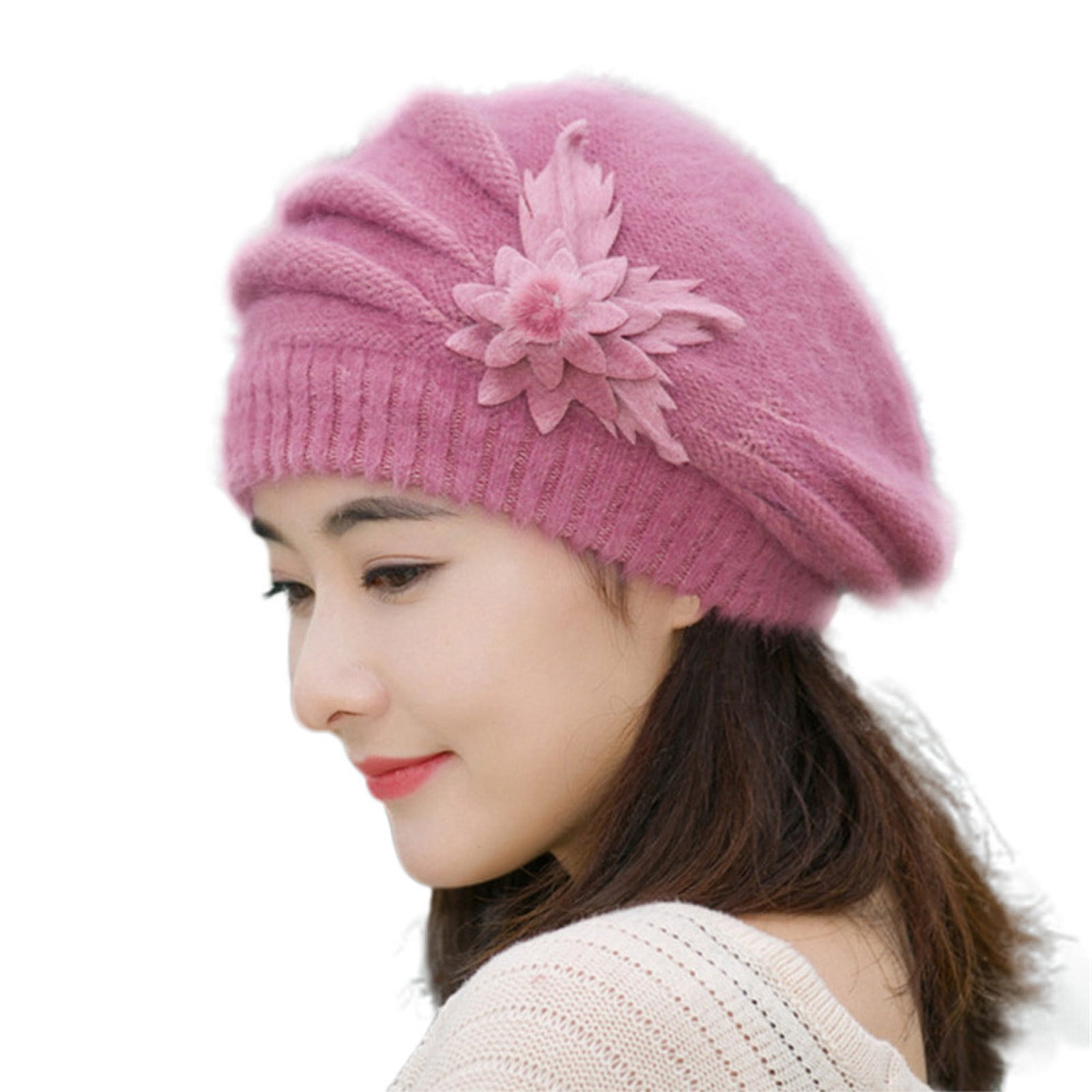 Fimkaul Womens Winter Beret Hats Fashion Flower Knit Crochet Warm Caps ...