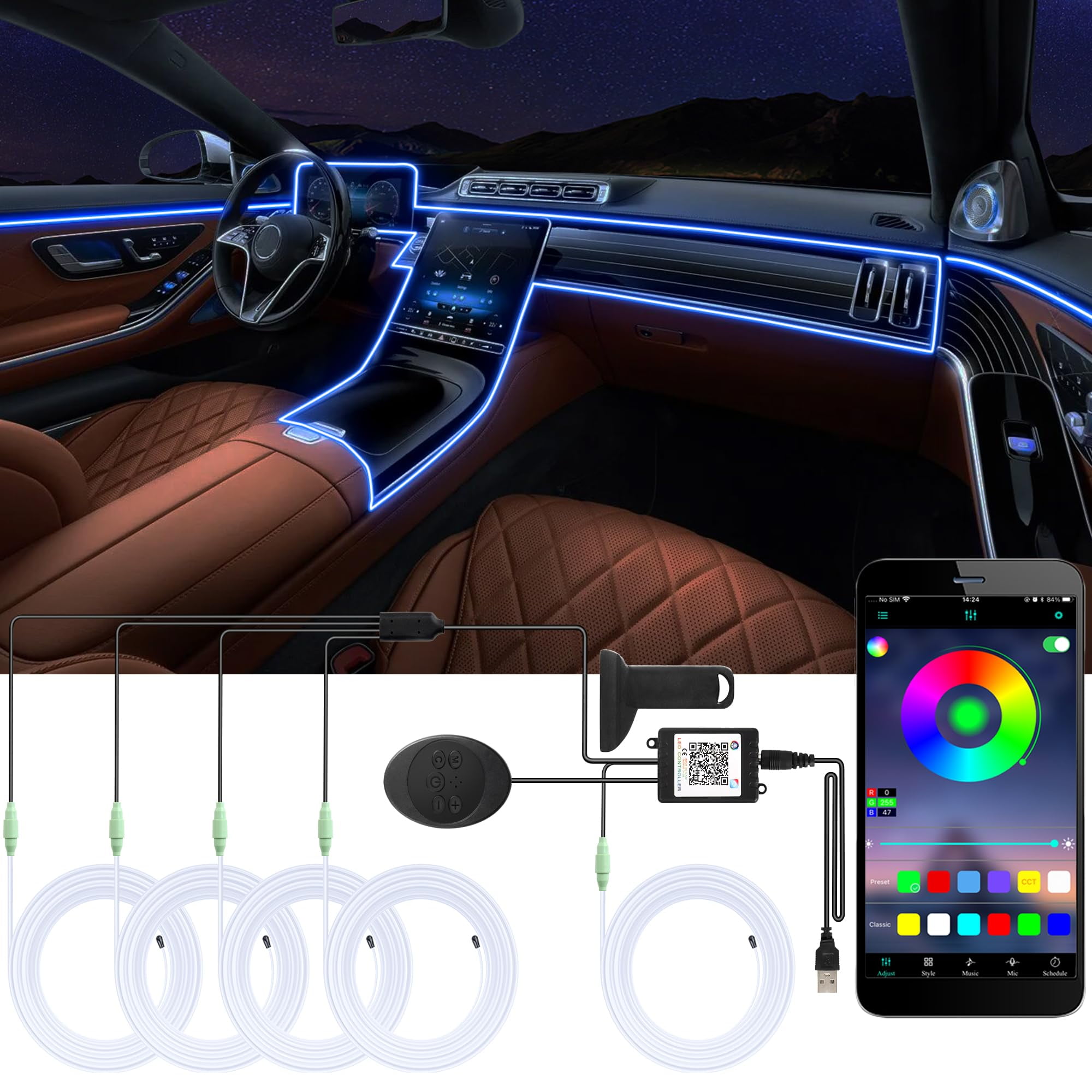 Fimker 5 in 1 Car Led Strip Lights with App Control, RGB Colors ...