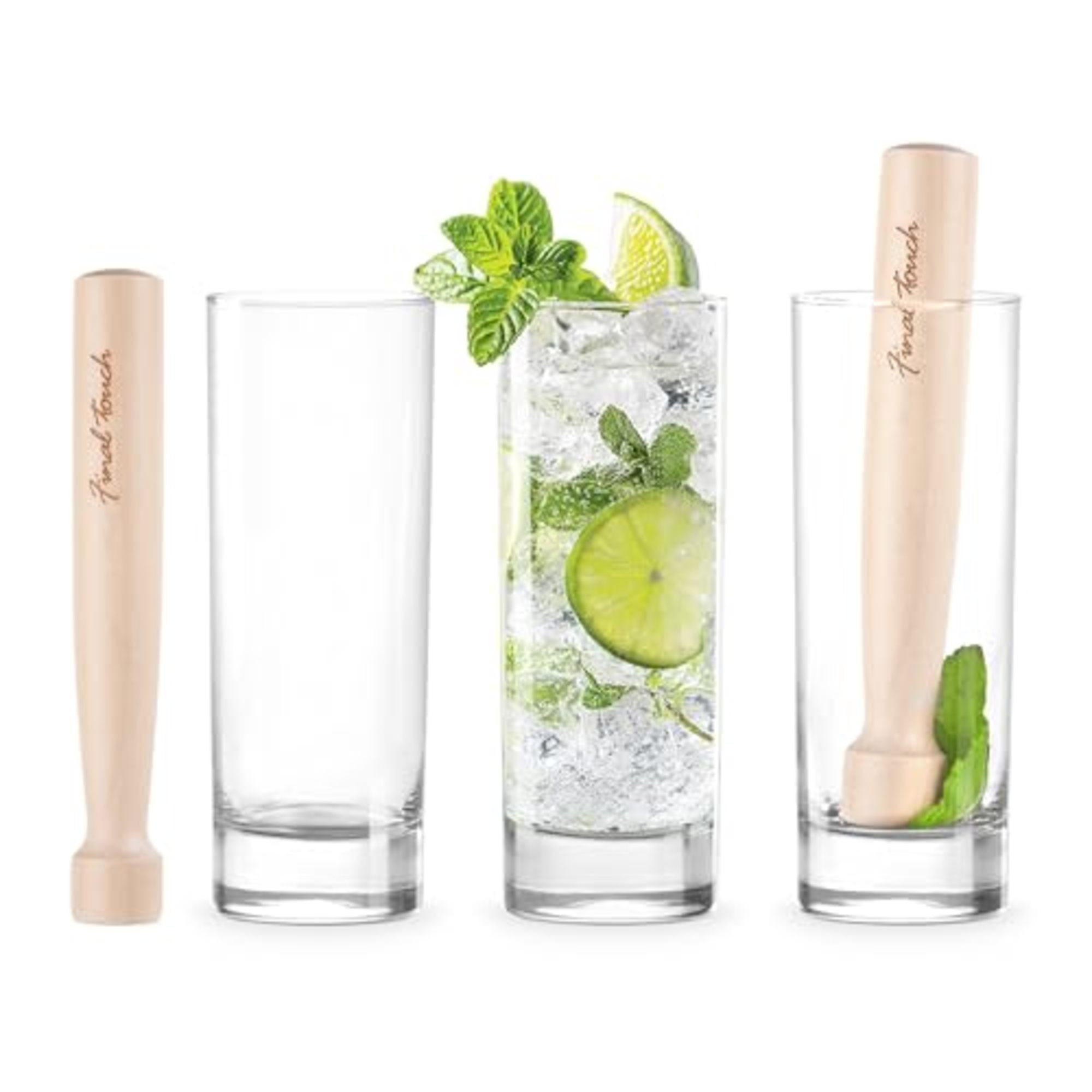Final Touch Mojito Glasses & Wooden Cocktail Muddler Set - Tom Collins ...