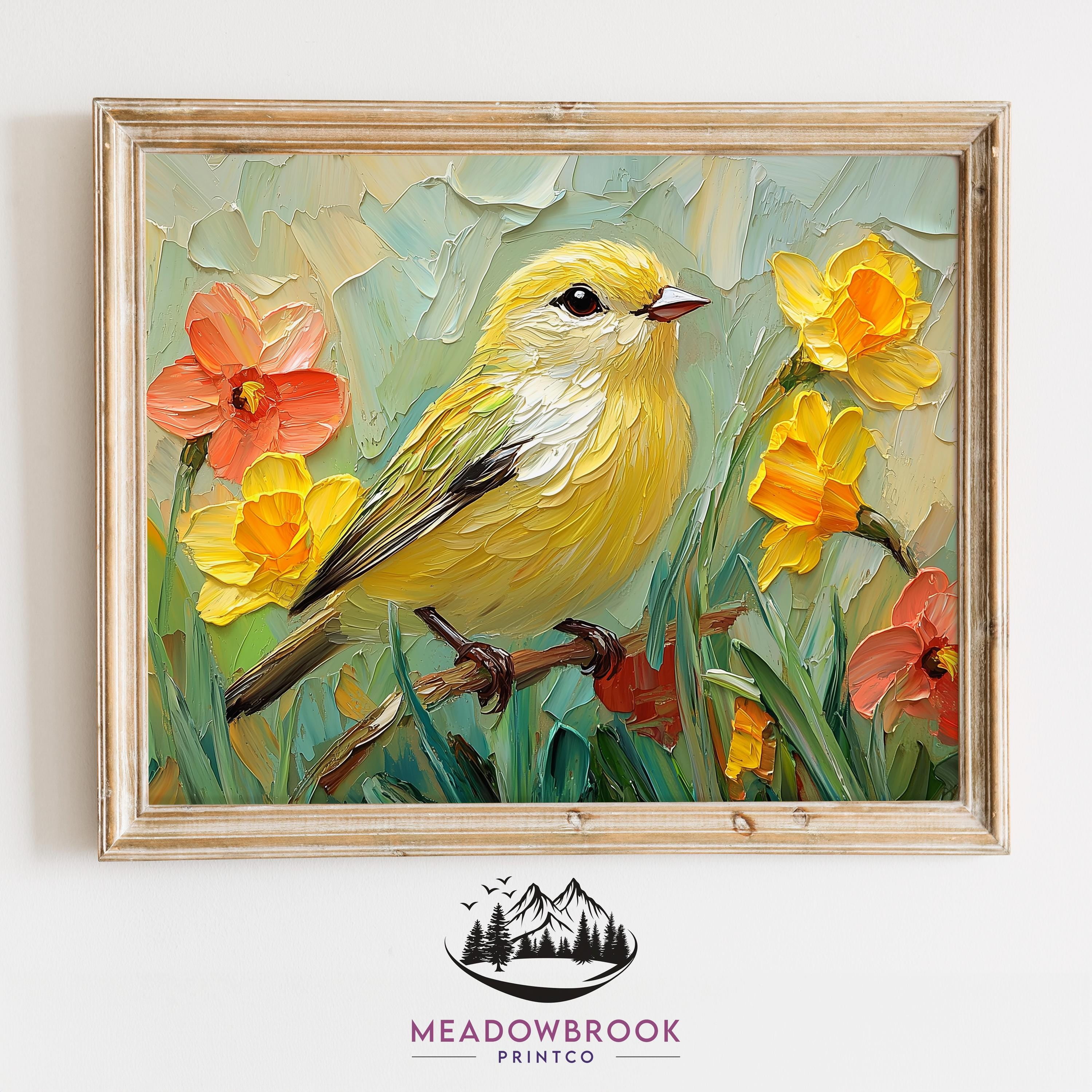 Finch Bird Amid Bright Daffodils Spring Scene Rustic Cottagecore ...