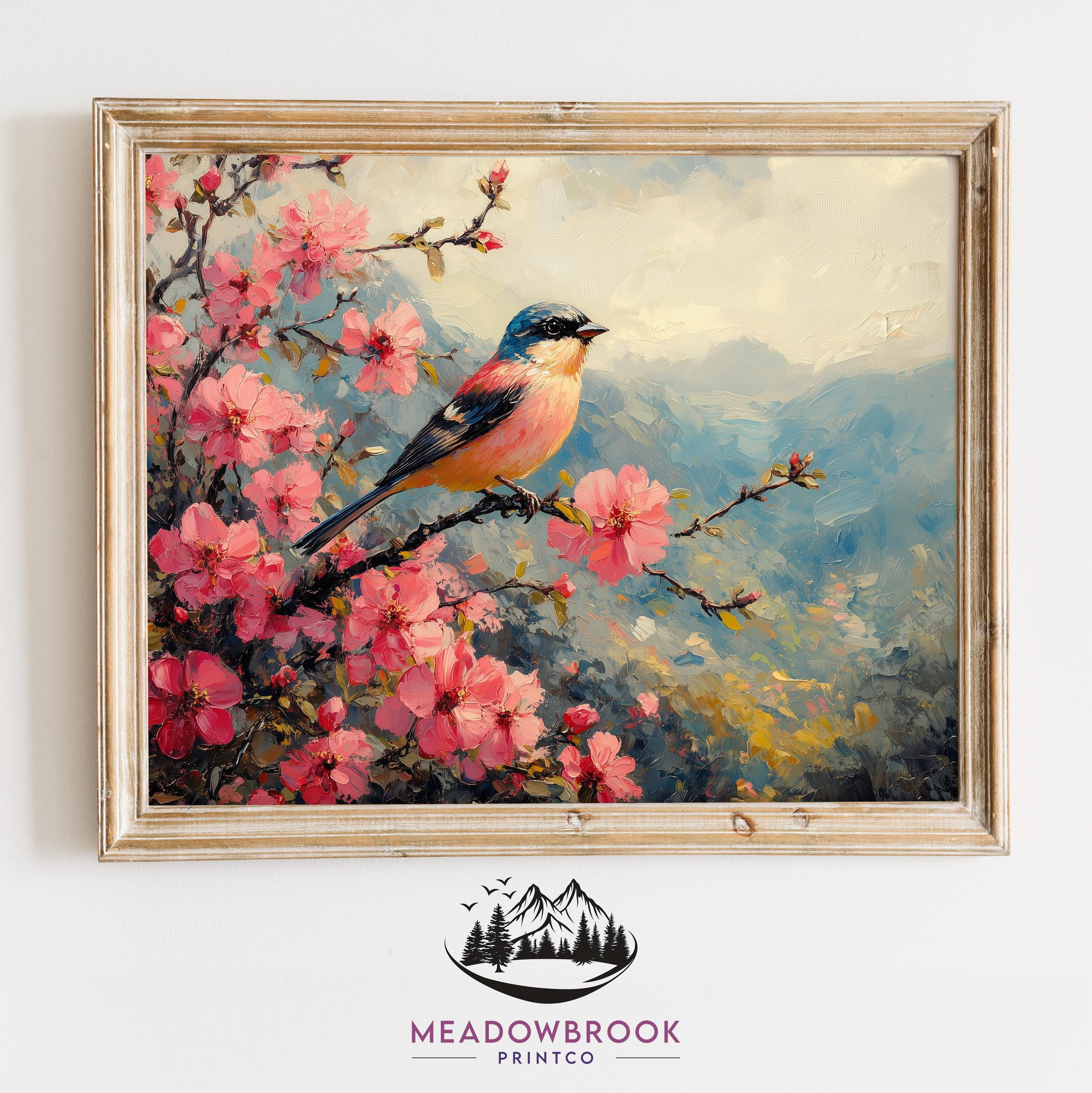 Finch Bird Among Azalea Blooms Spring Artwork Printable Cottagecore ...