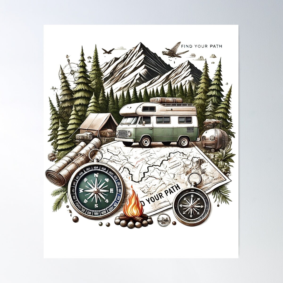 Find Your Path – Vintage Van Life & Adventure Map Poster Wall Art ...