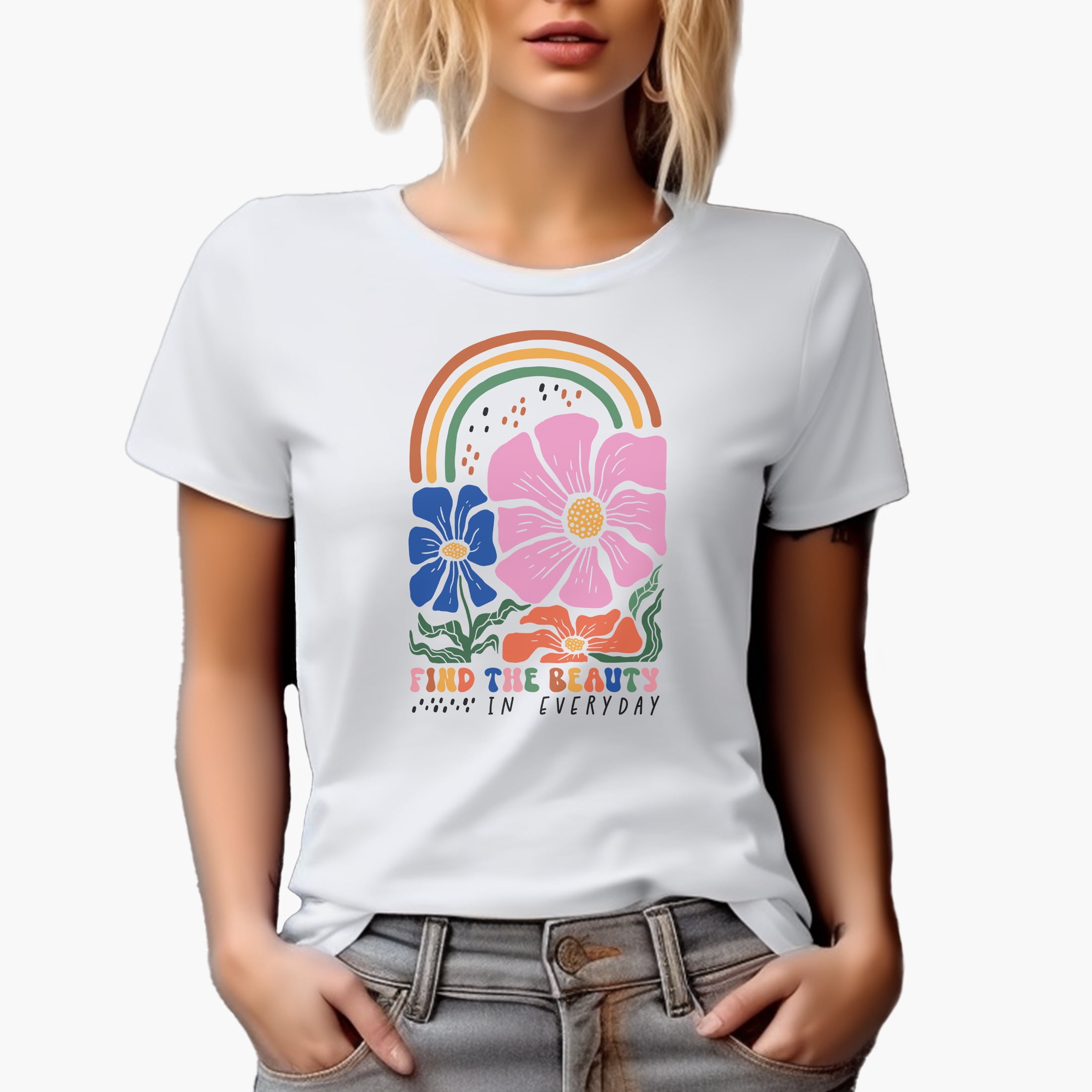 Find the Beauty in Every Day, Boho Rainbow & Flowers Art Merch Gift ...