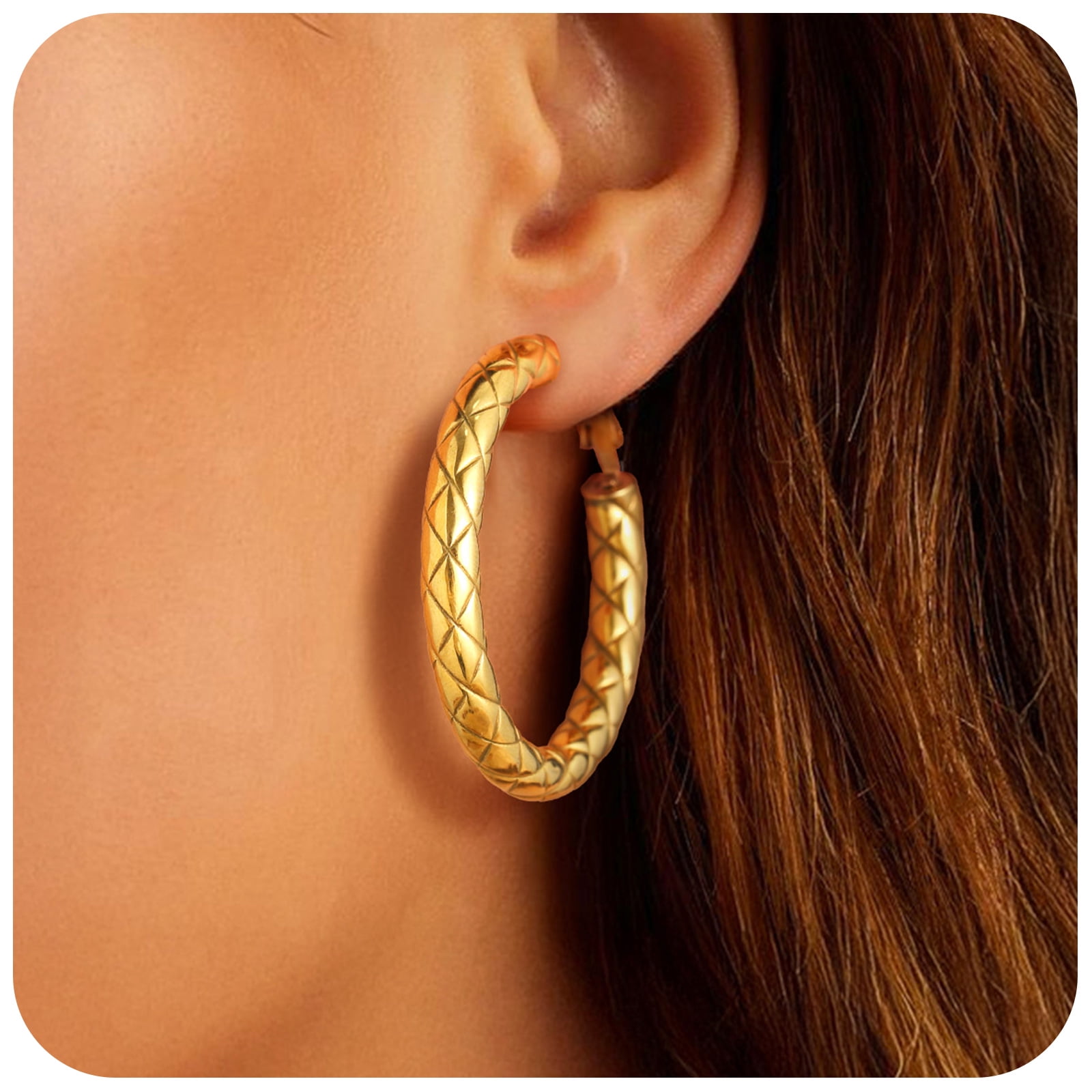 FindChic Hoop Earrings for Women Stainless Steel Rhombic Pattern Hoops ...