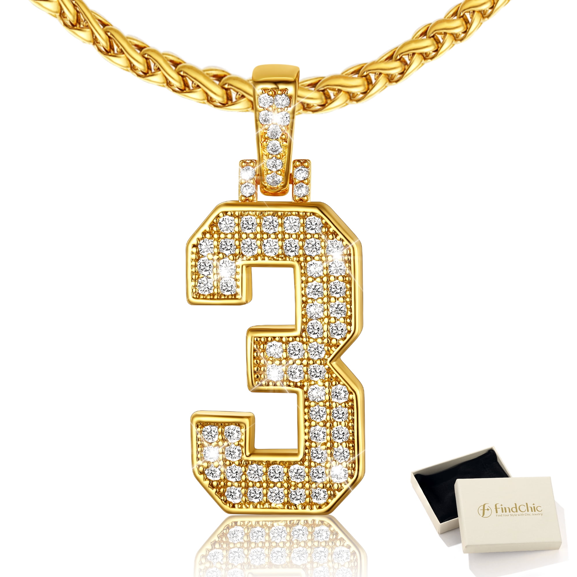 FindChic 18K Gold Plated Number 3 Pendant Necklace, 22" Wheat Chain ...