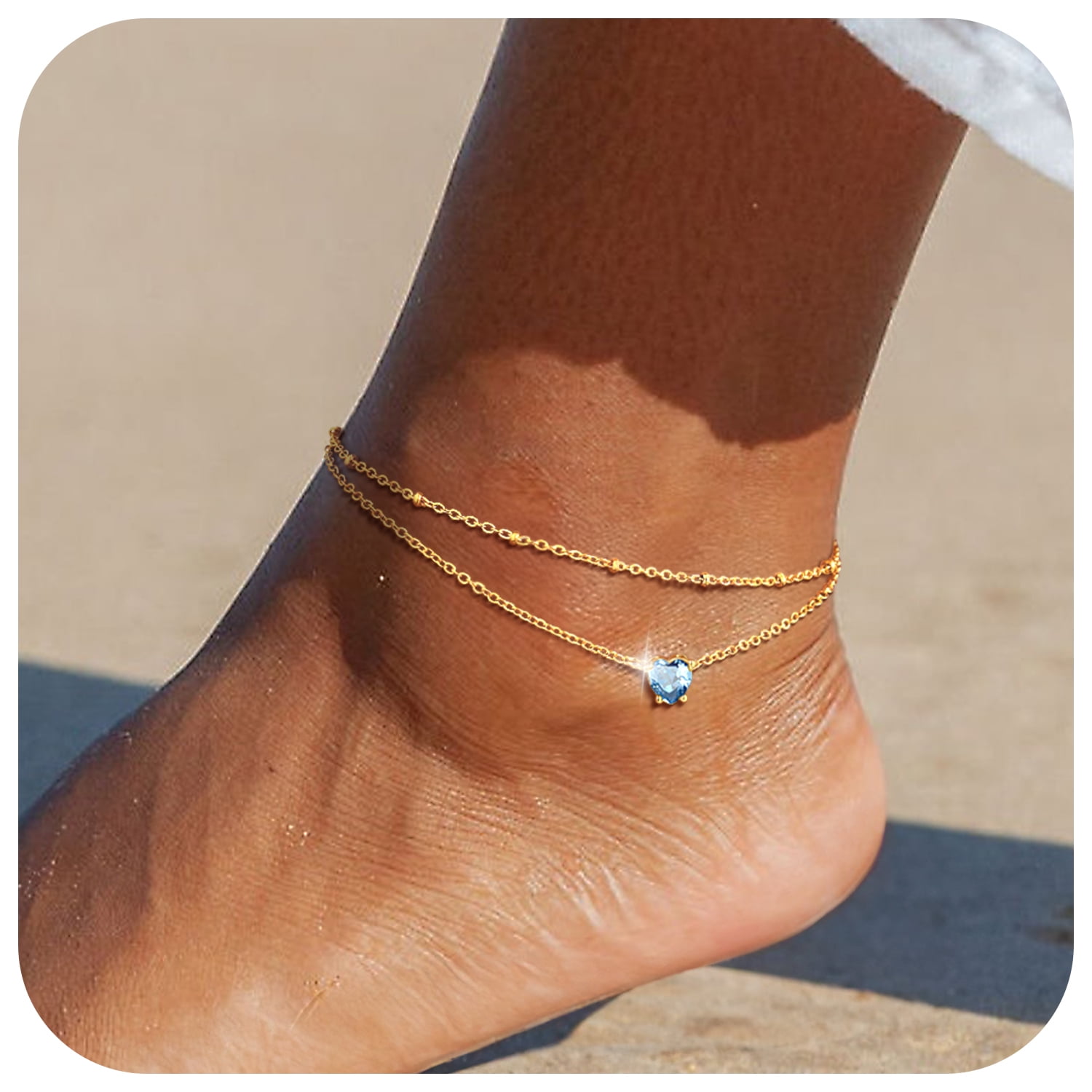 FindChic Anklets for Women Waterproof, Bling Heart Created Aquamarine ...